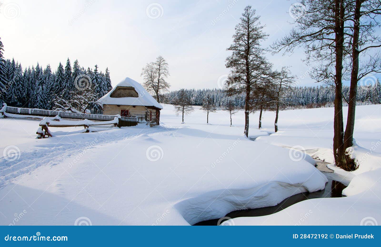 Wintry Country with Cottage Stock Photo - Image of beauty, brooklet ...