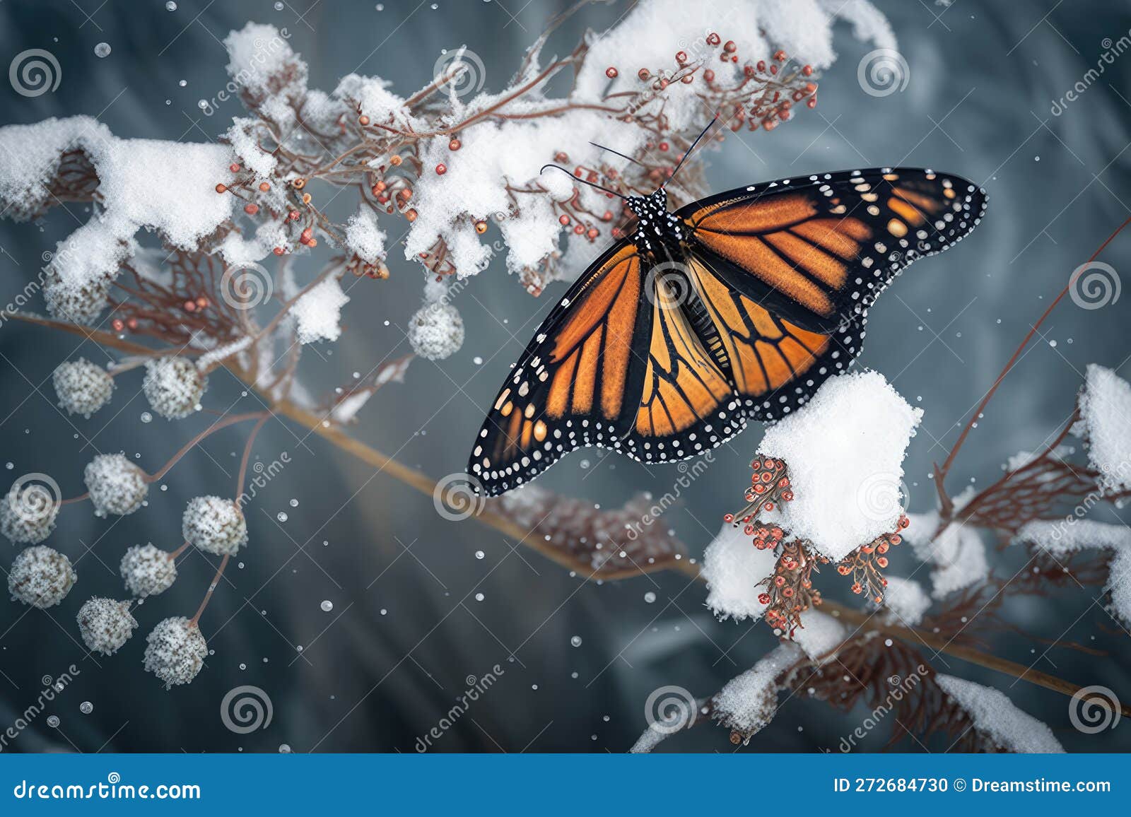 Wintry Scene with the Flutter of a Monarch Butterfly Stock Illustration ...