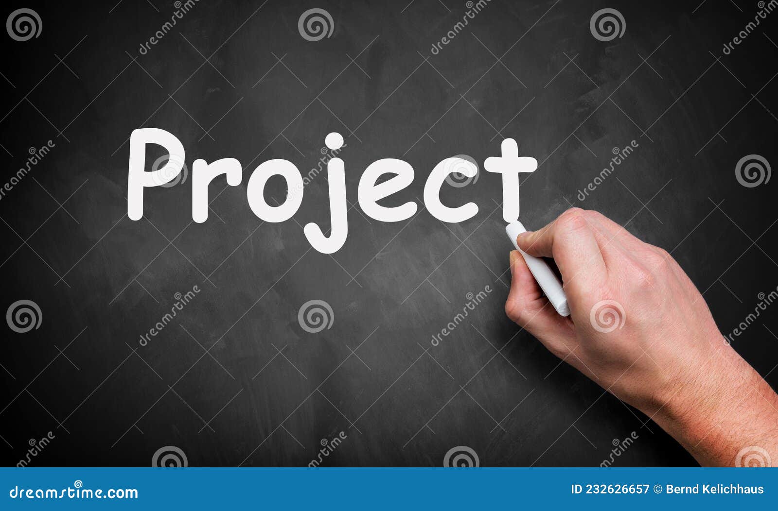 Male Hand Writes in Chalk the Words Project on a Black Board Stock ...