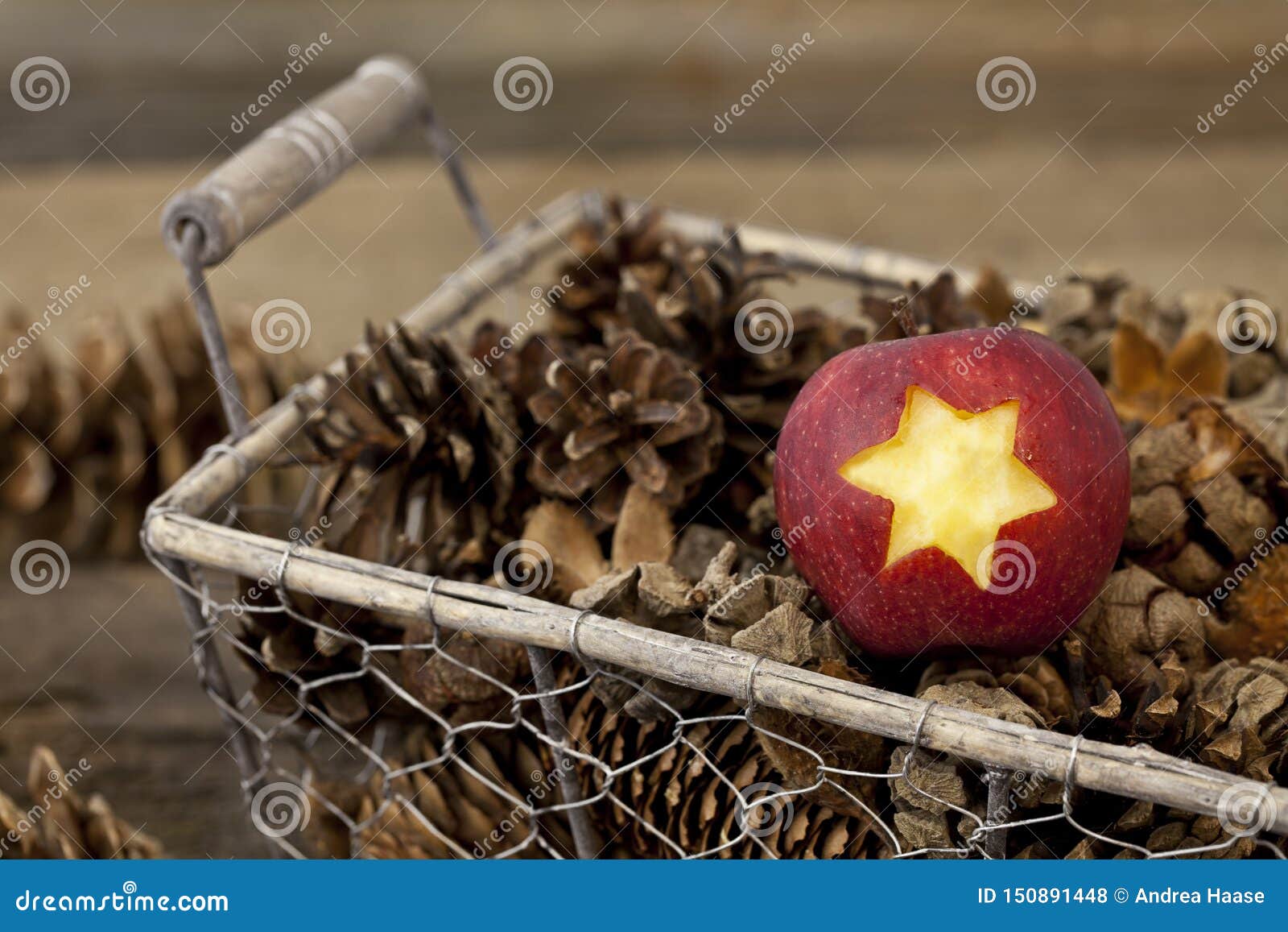 Wire Basket with Apple and Pine Cones Stock Photo - Image of cosy, wire ...