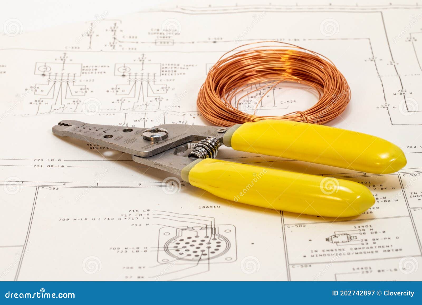 Wire Cutting Pliers on Electronic Plans and Copper Wire Stock Image ...