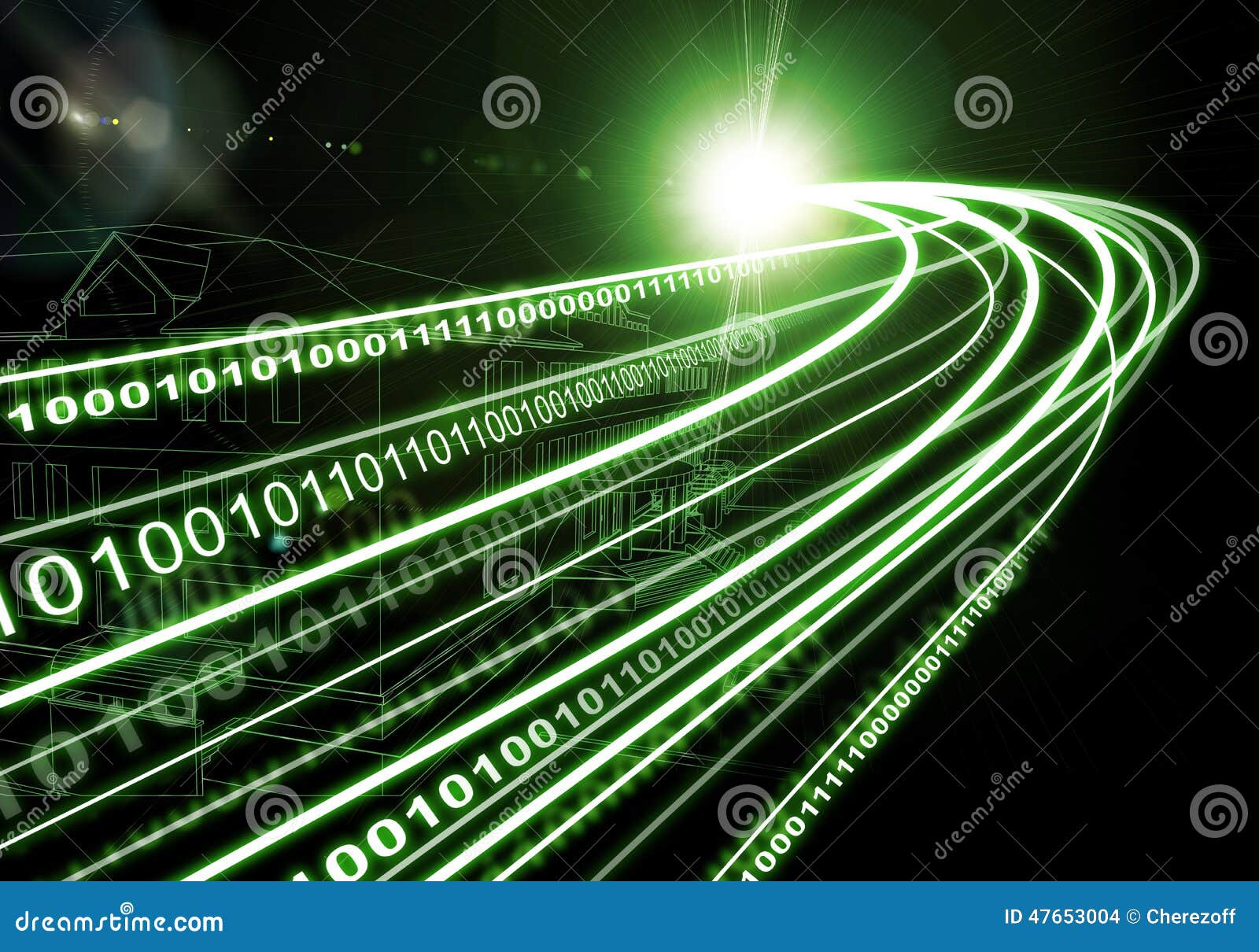 Wire-frame Building, Light Beams and Digits, on Stock Photo - Image of ...