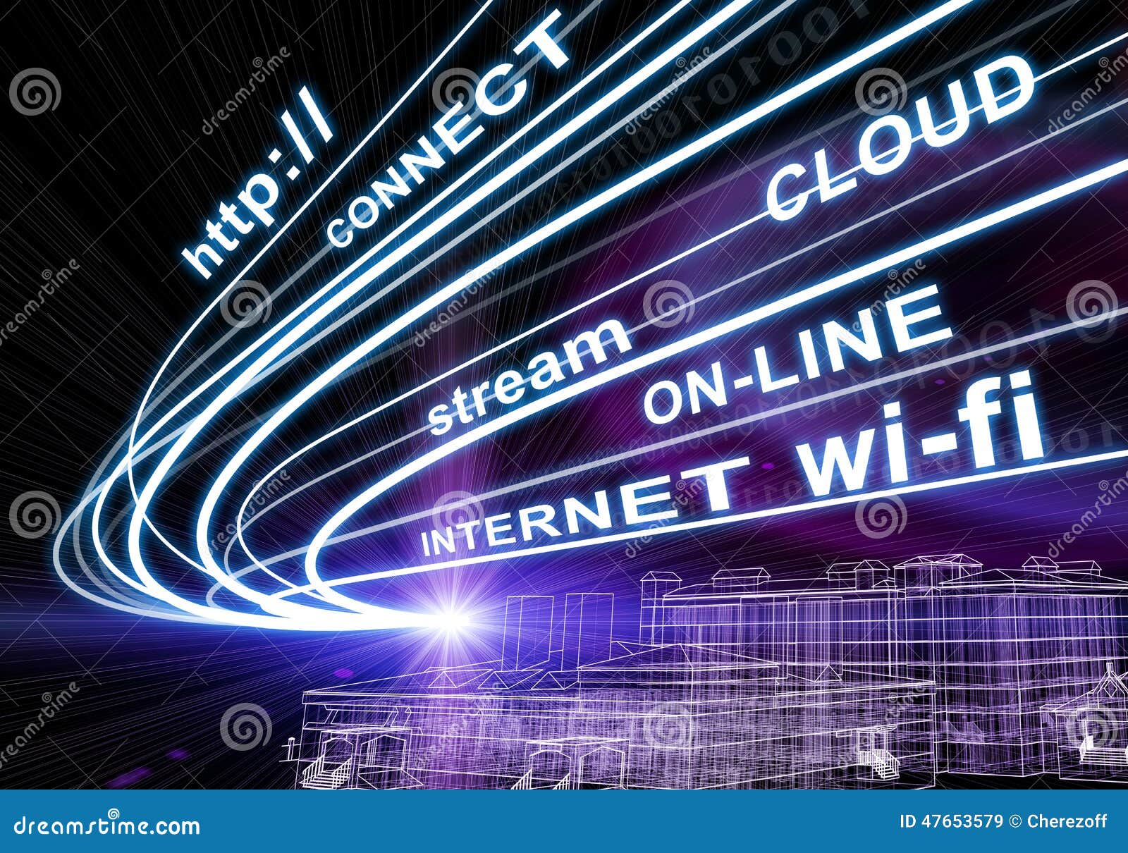 Wire-frame Building, Stream of Light Beams with Stock Image - Image of ...