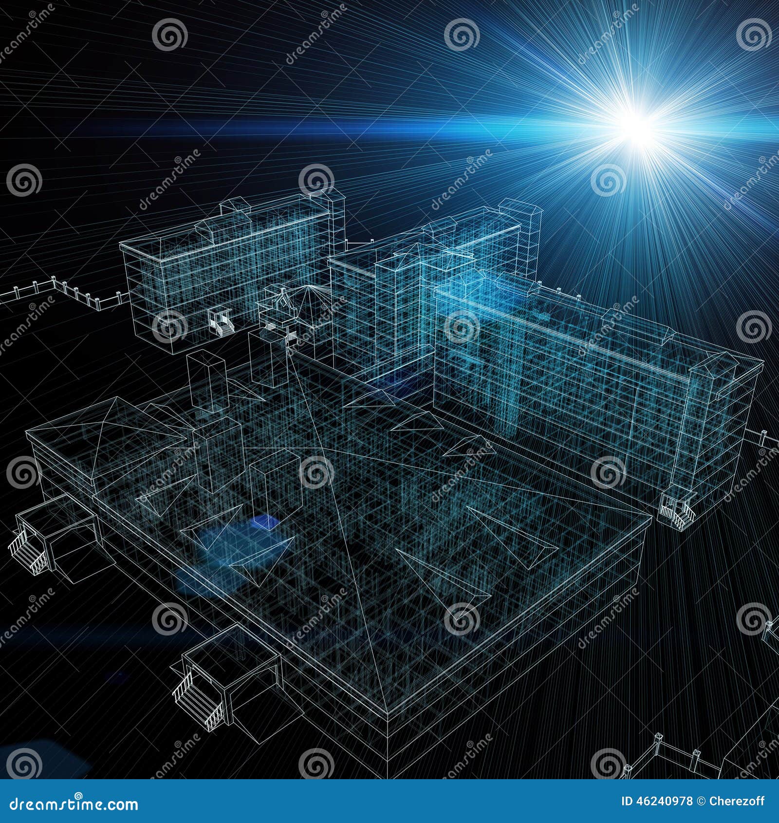 Wire-frame Buildings with Light on Dark Background Stock Illustration ...