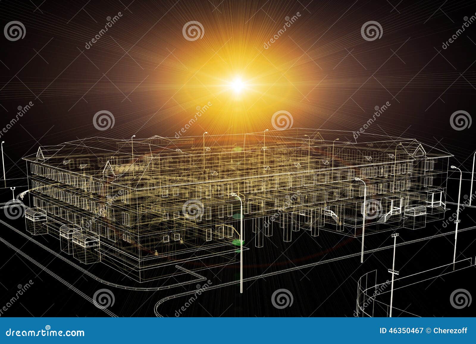 Wire-frame Buildings with Light on Dark Background Stock Illustration ...