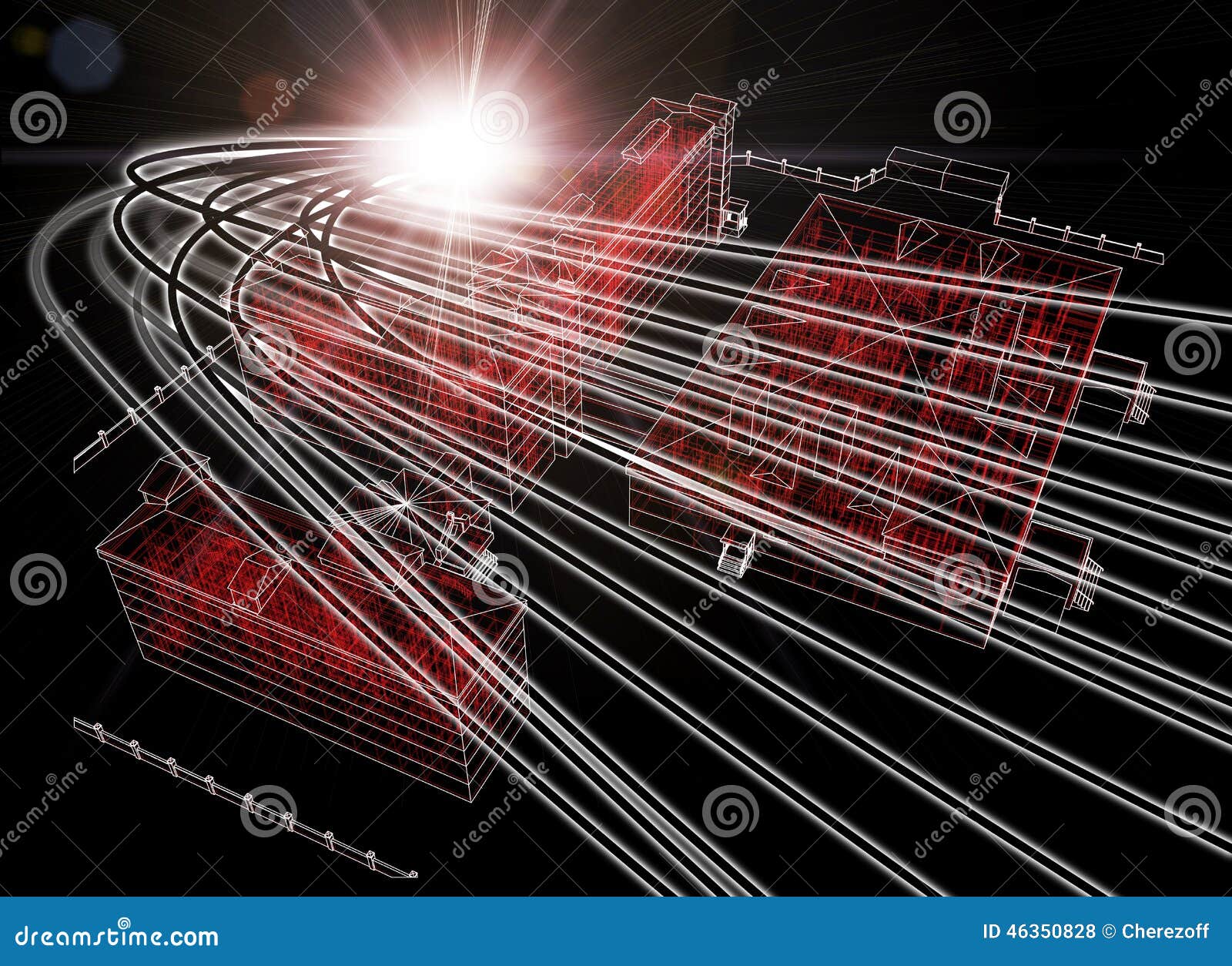 Wire-frame Buildings with Light on Dark Background Stock Illustration ...