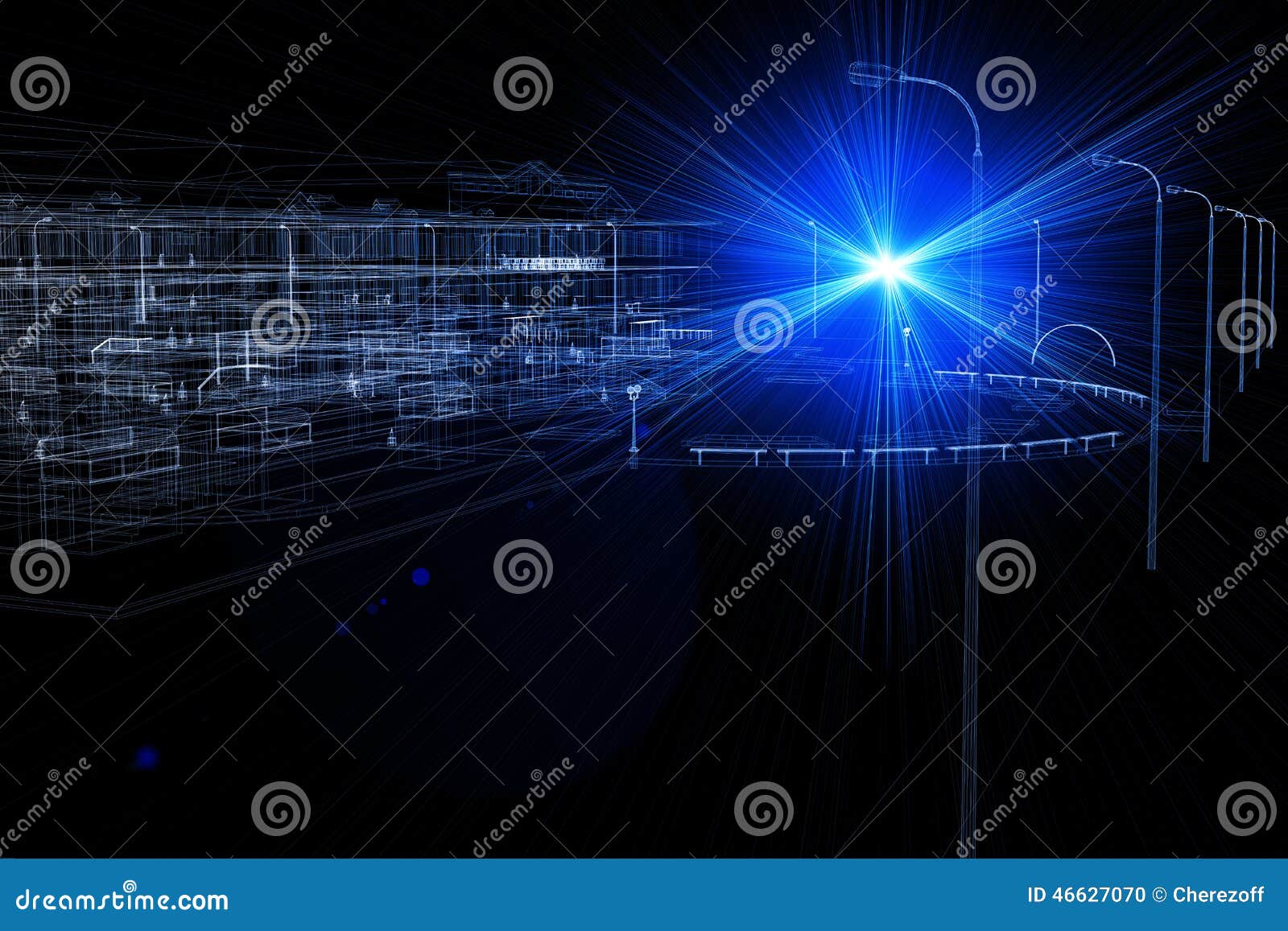 Wire-frame Buildings with Light on Dark Background Stock Photo - Image ...