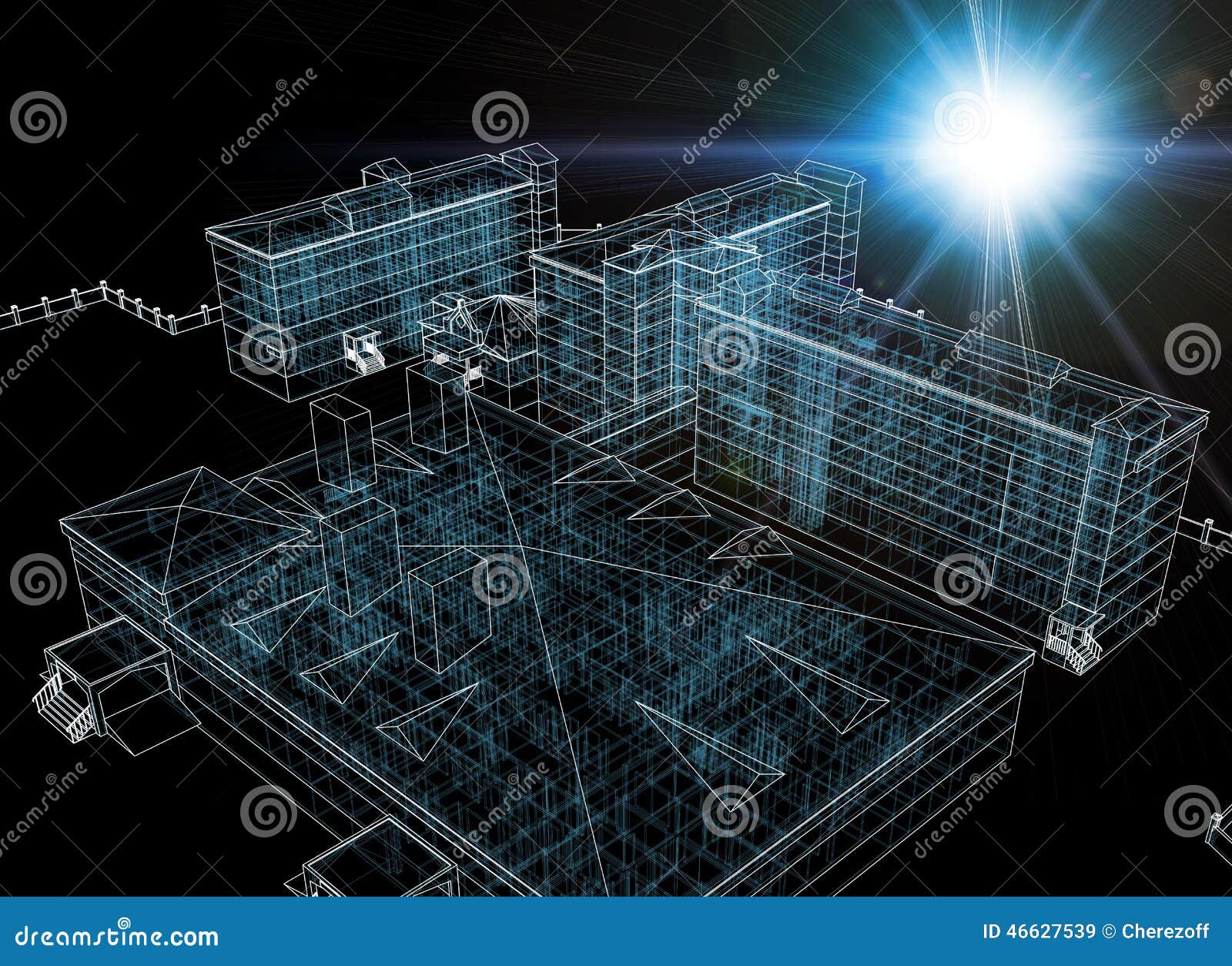 Wire-frame Buildings with Light on Dark Background Stock Image - Image ...