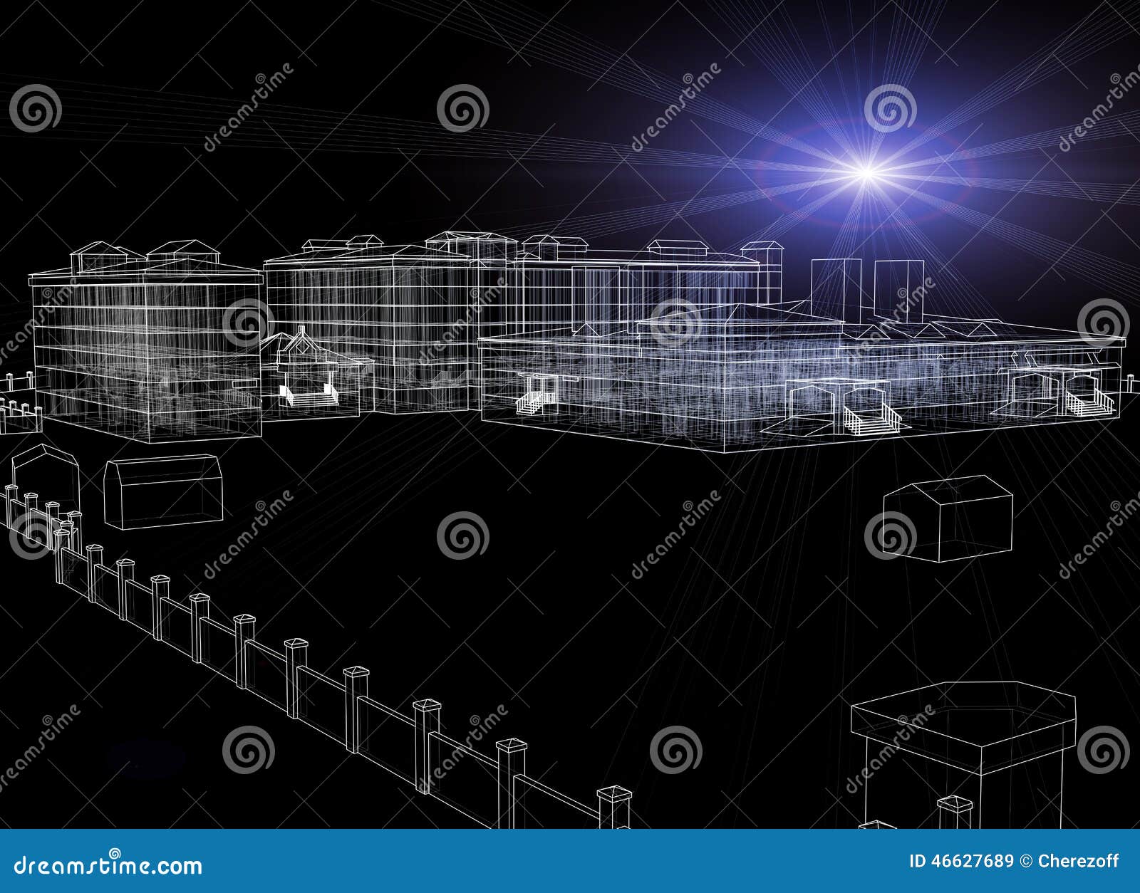 Wire-frame Buildings with Light on Dark Background Stock Illustration ...