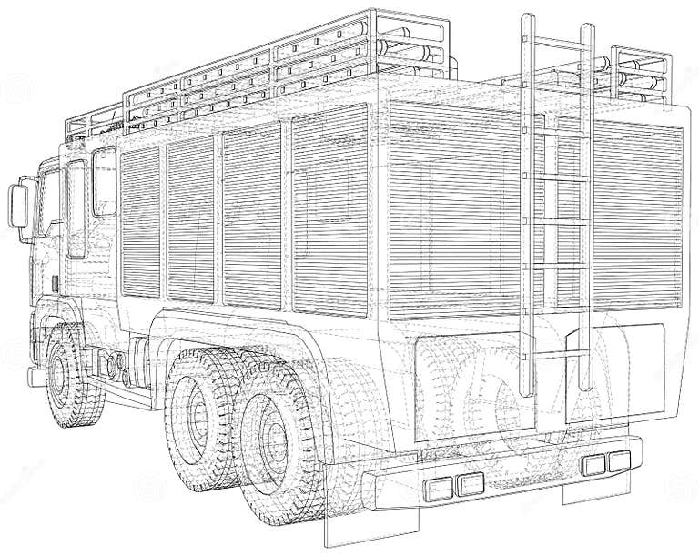 Wire-frame Fire Truck. Fire Engine Outline Vector Illustration of Truck ...