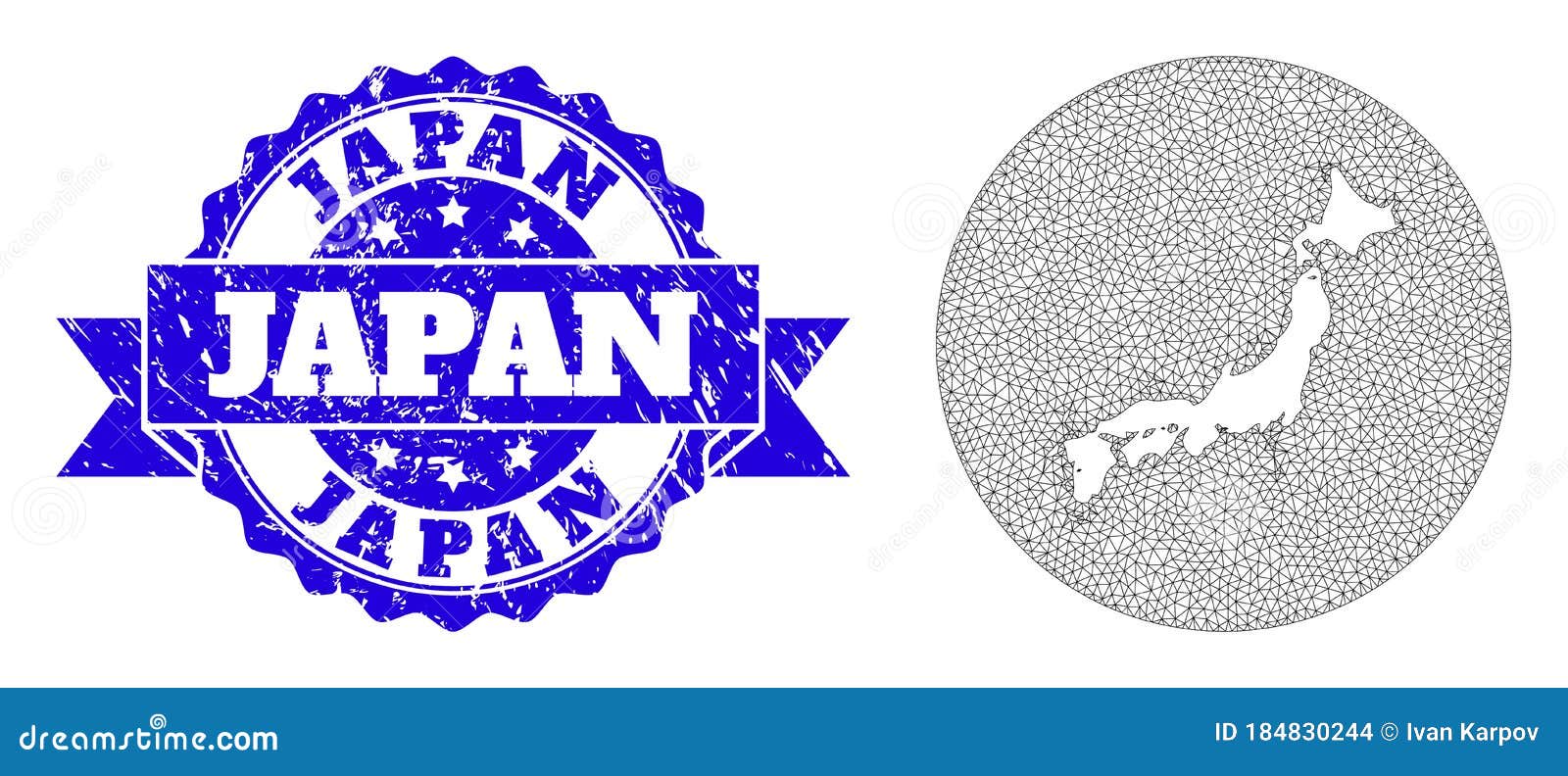 Wire Frame Mesh Circle Inverted Map of Japan with Grunge Stamp Stock ...