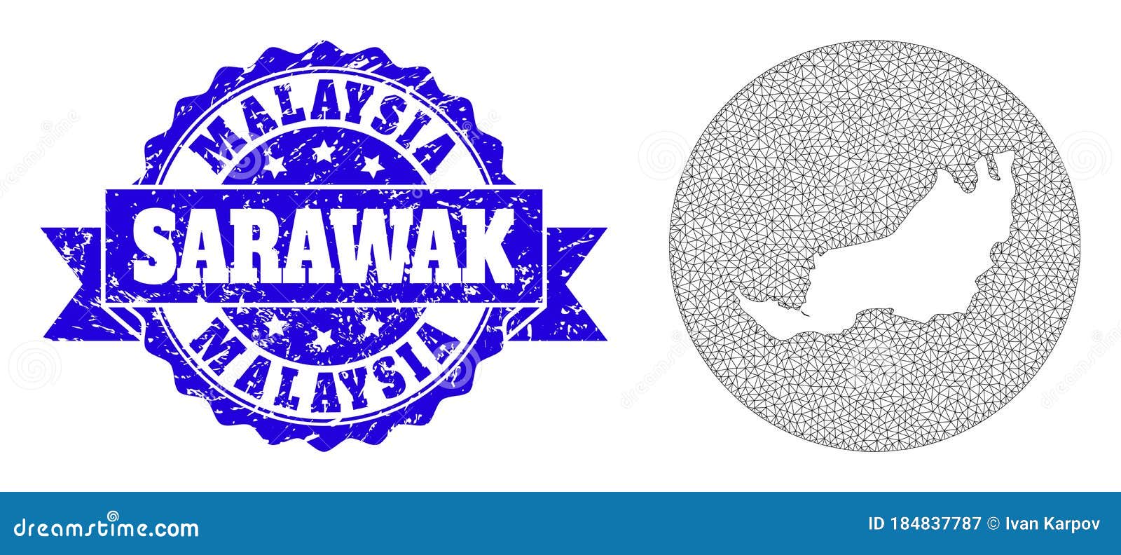 Wire Frame Mesh Round Inverted Map of Sarawak with Scratched Stamp Seal ...