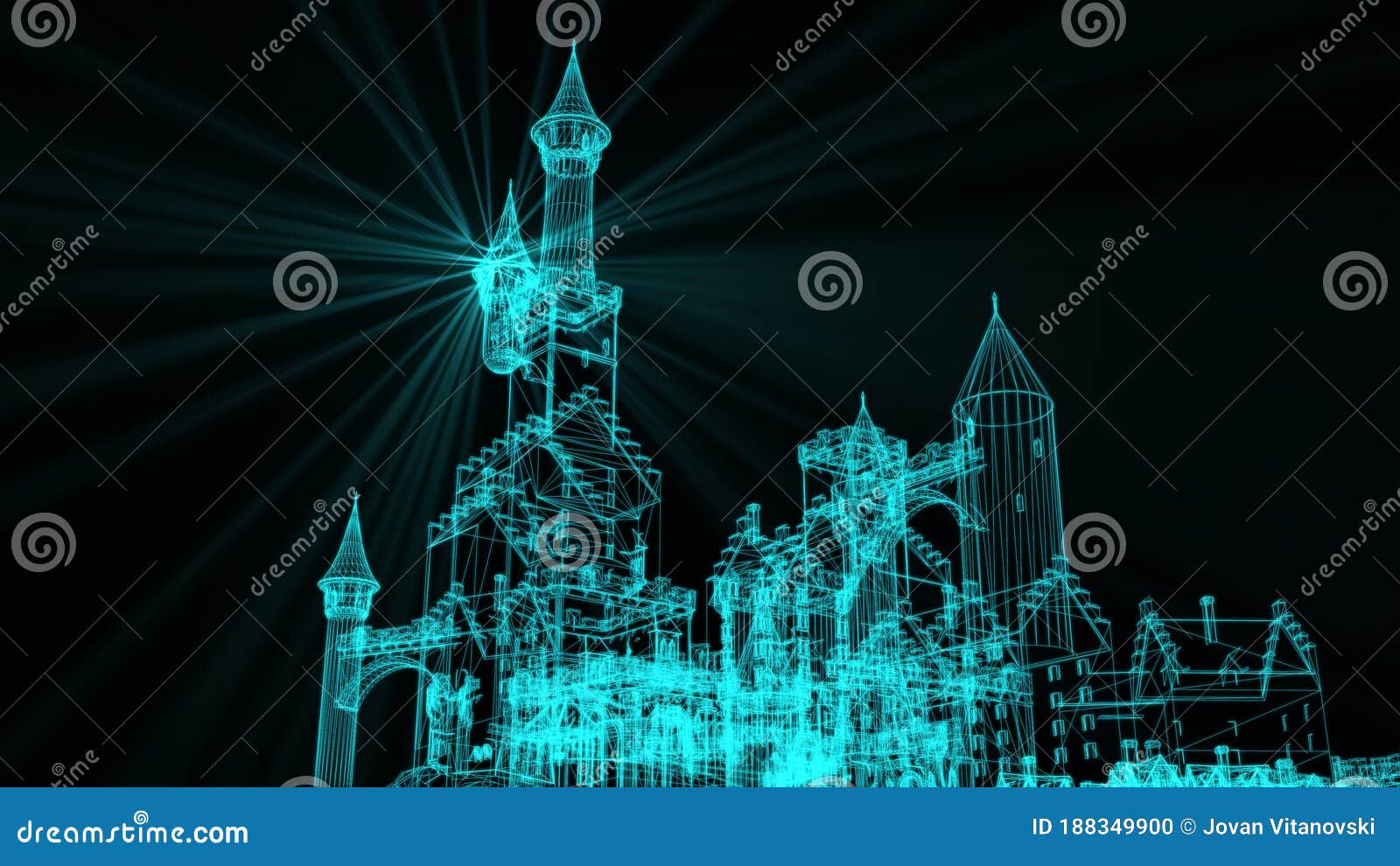 Wire Frame Model of Castle with Blue Light Ray Stock Illustration ...