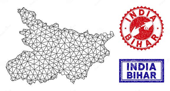 Polygonal Network Bihar State Map and Grunge Stamps Stock Vector ...