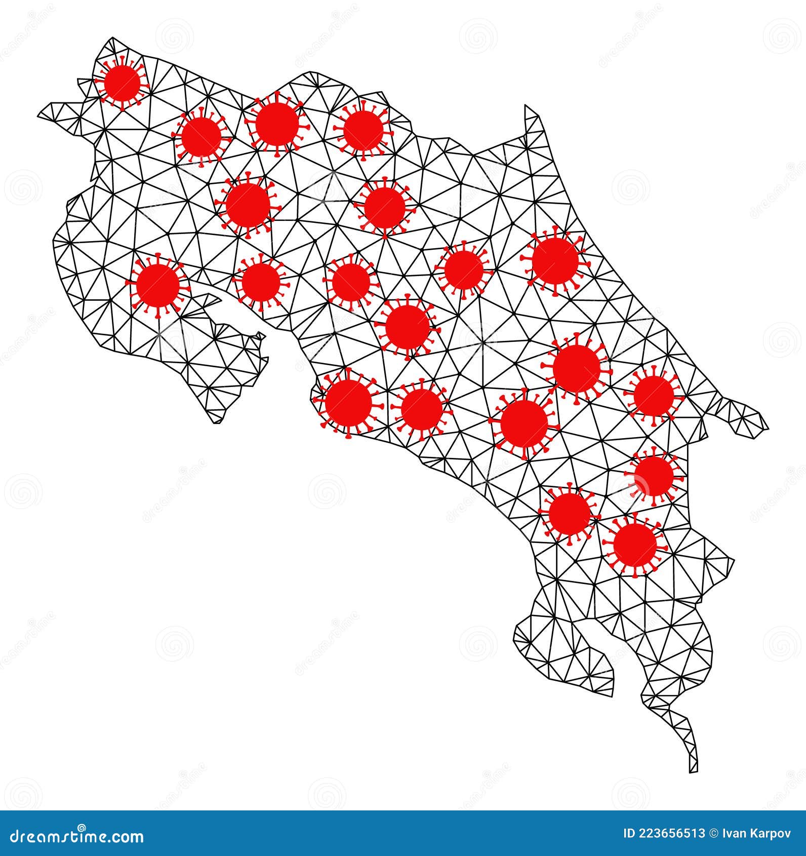 Wire Frame Polygonal Map of Costa Rica with Red Covid Elements Stock ...