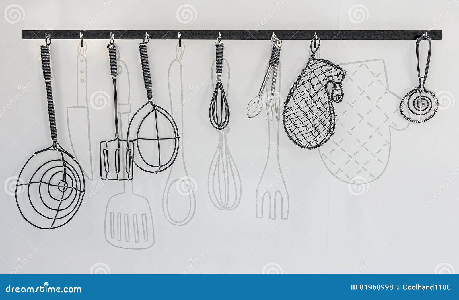 Wire Kitchen Utensils Hang on the White Wall Stock Photo - Image of ...