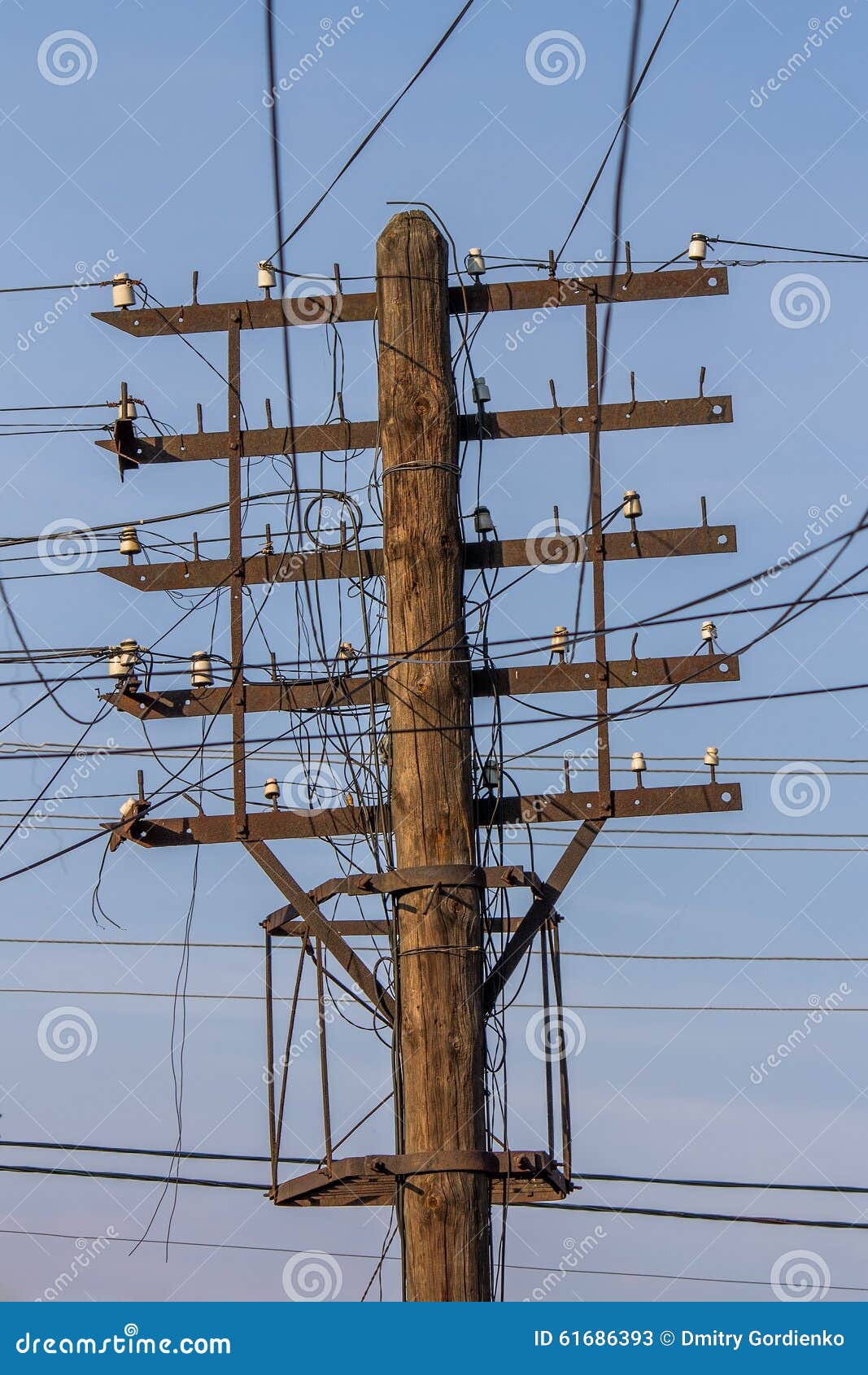 Wire Mess on the Old Wooden Rusty Pylon. Stock Image - Image of ...