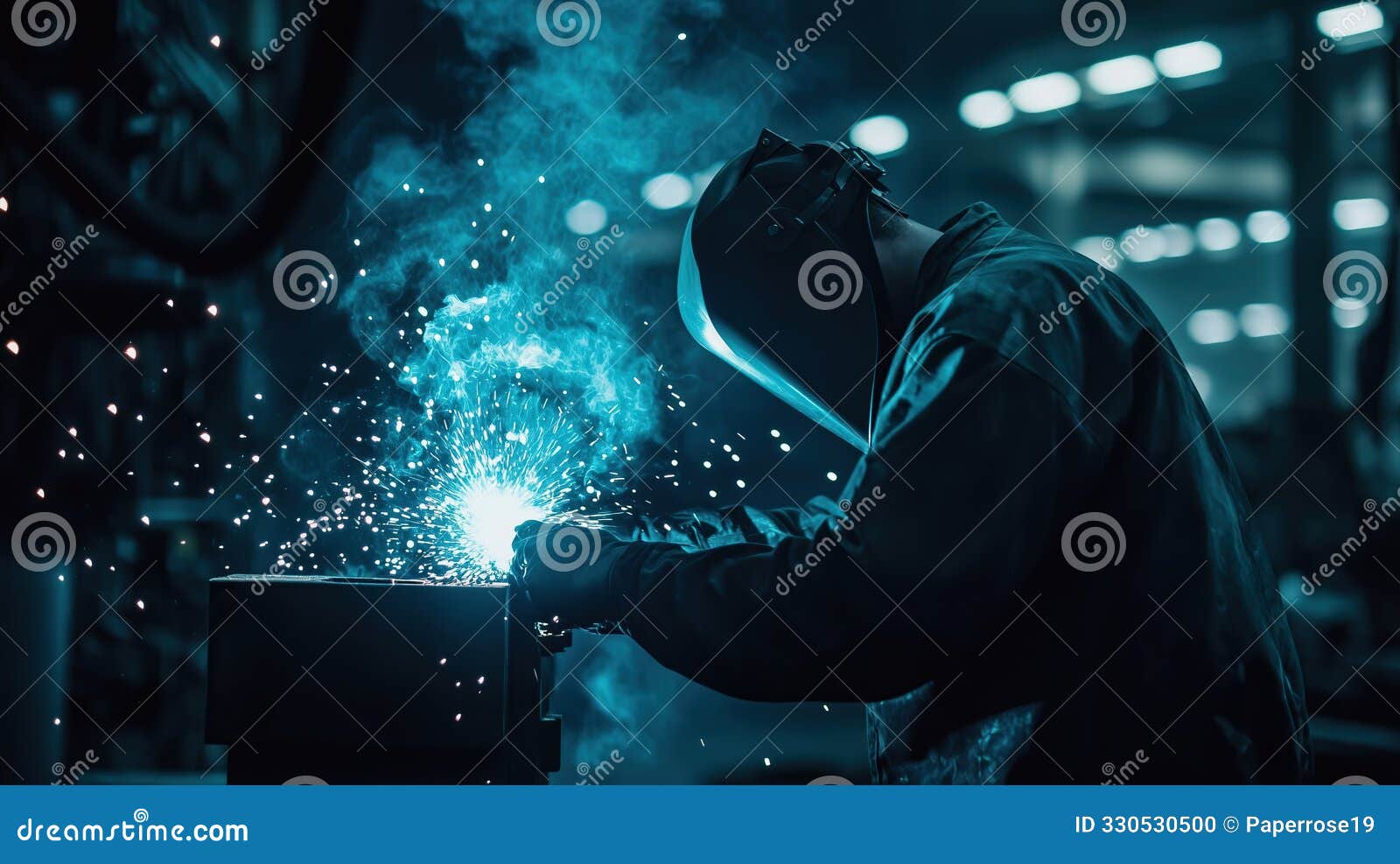 Wired Worker Welding with Blue Sparks in Dark Factory Stock Photo ...