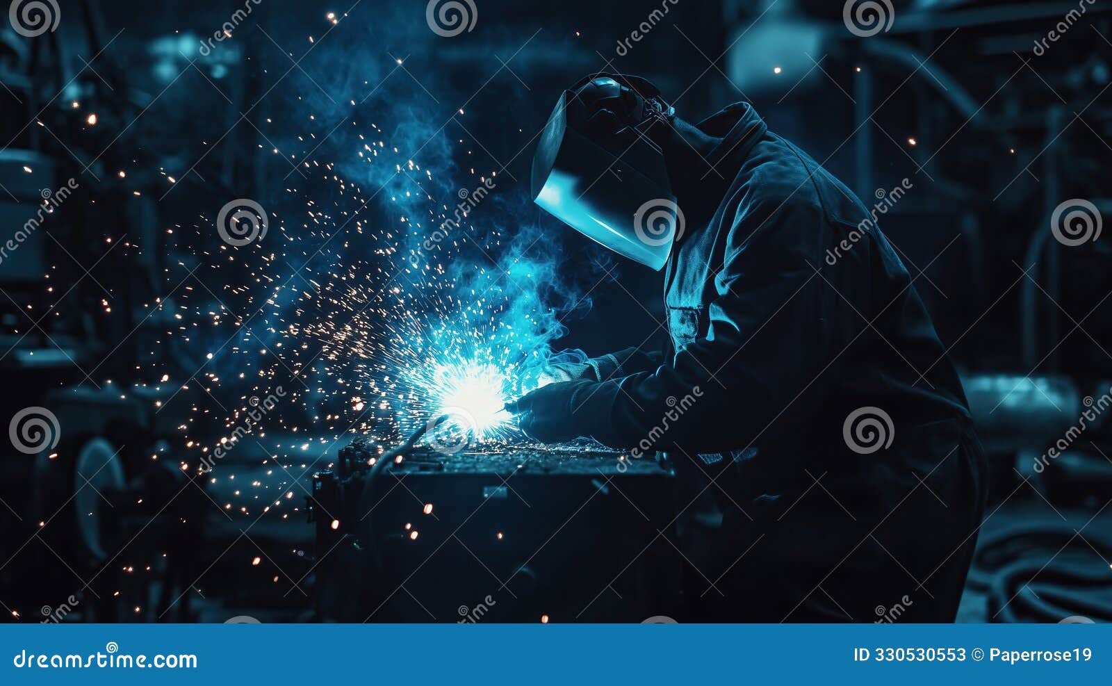 Wired Worker Welding with Blue Sparks in Dark Factory Stock Image ...