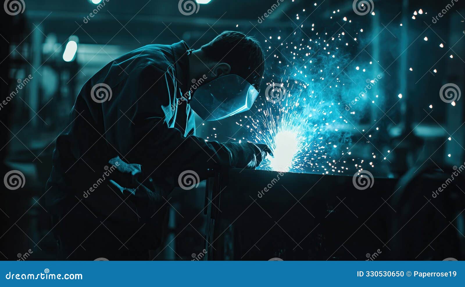 Wired Worker Welding with Blue Sparks in Dark Factory Stock Photo ...