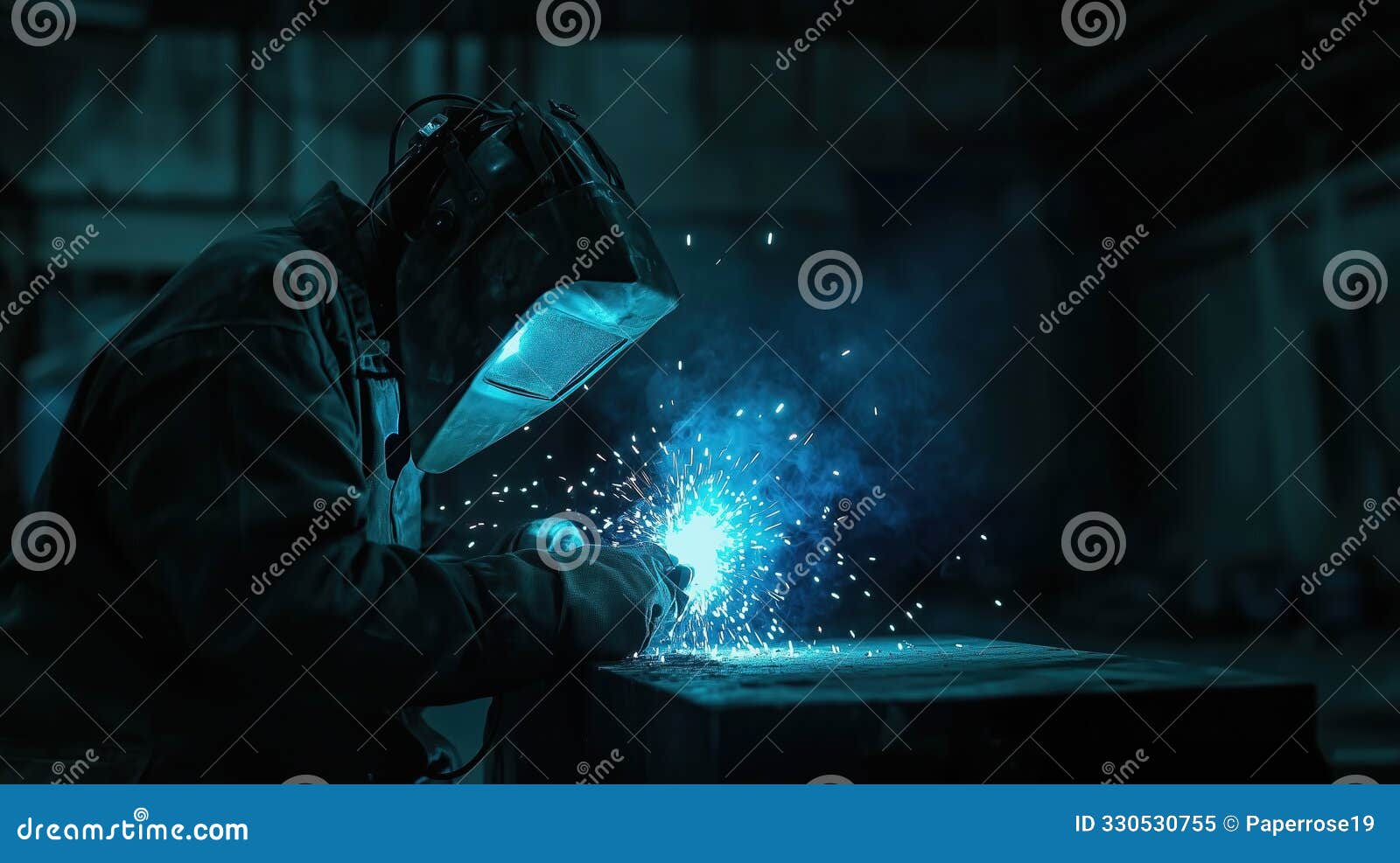 Wired Worker Welding with Blue Sparks in Dark Factory Stock Image ...