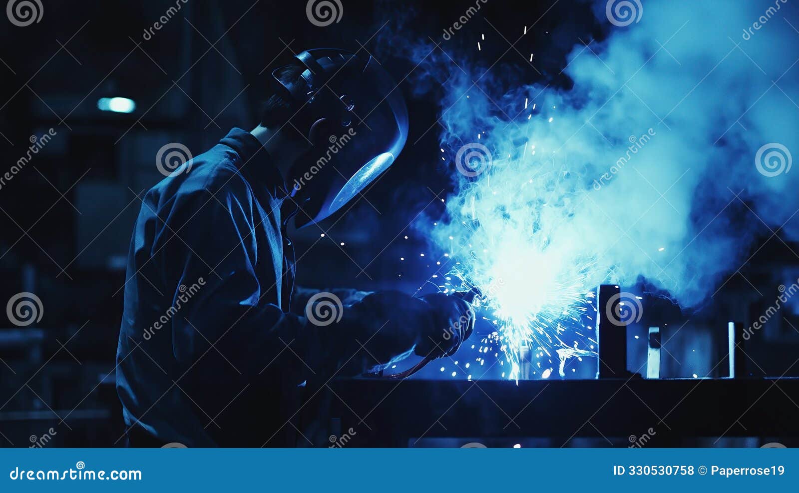 Wired Worker Welding with Blue Sparks in Dark Factory Stock Photo ...