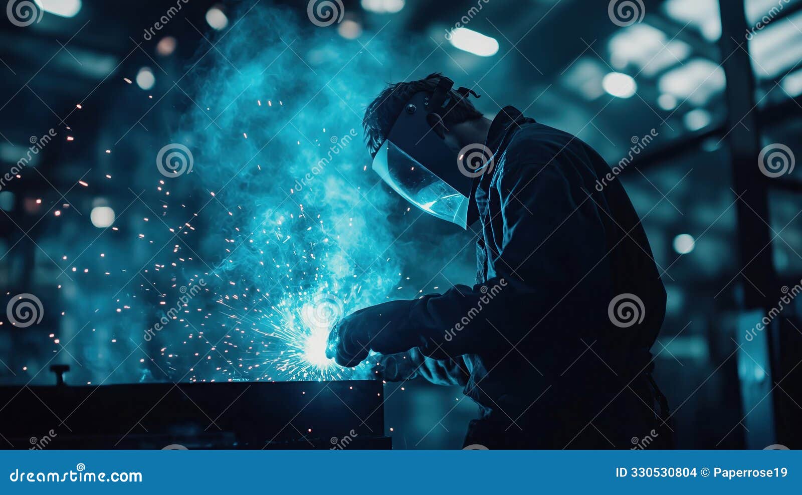 Wired Worker Welding with Blue Sparks in Dark Factory Stock Photo ...