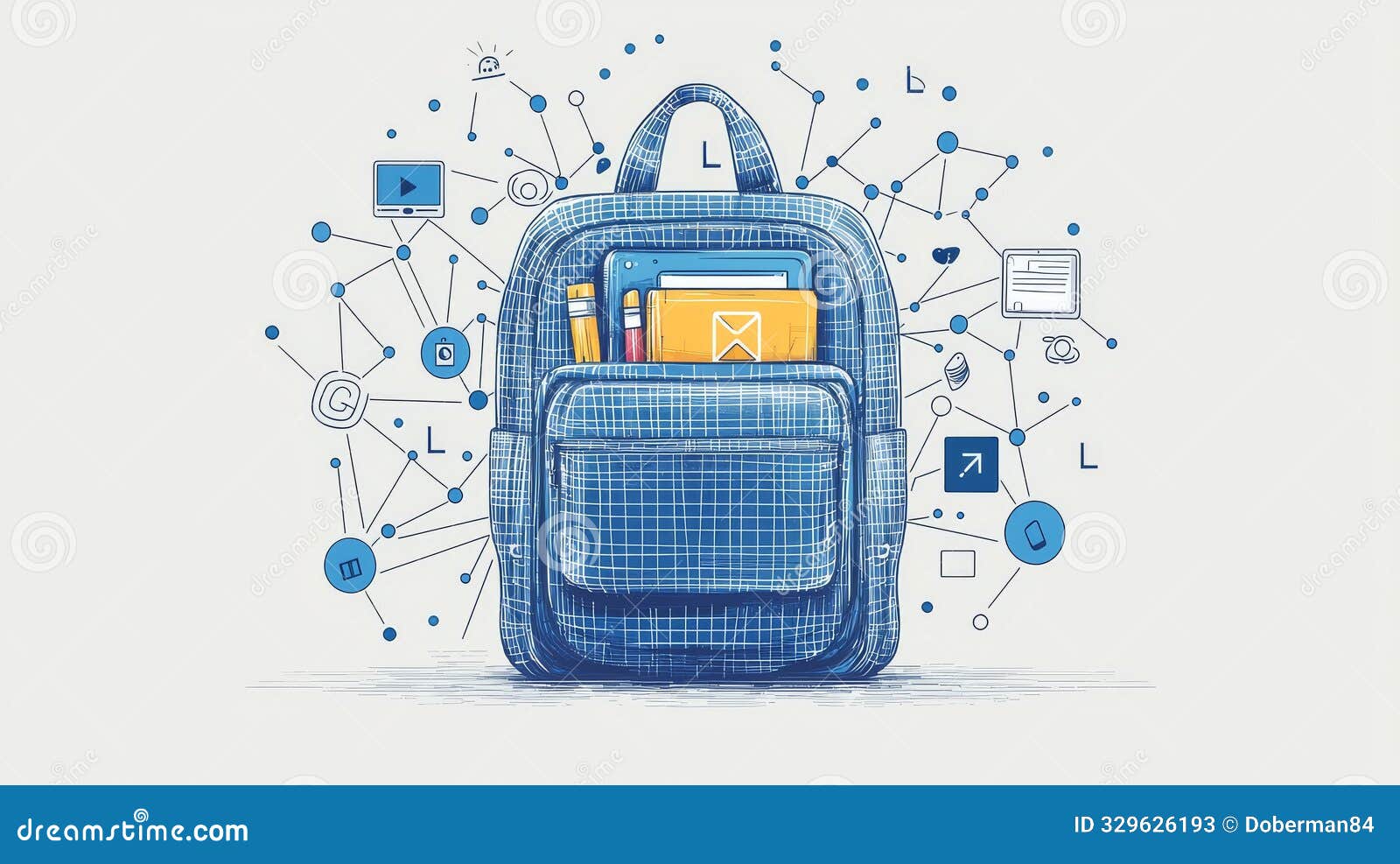Wireframe Backpack Illustration with Gadgets and Books, Symbolizing ...