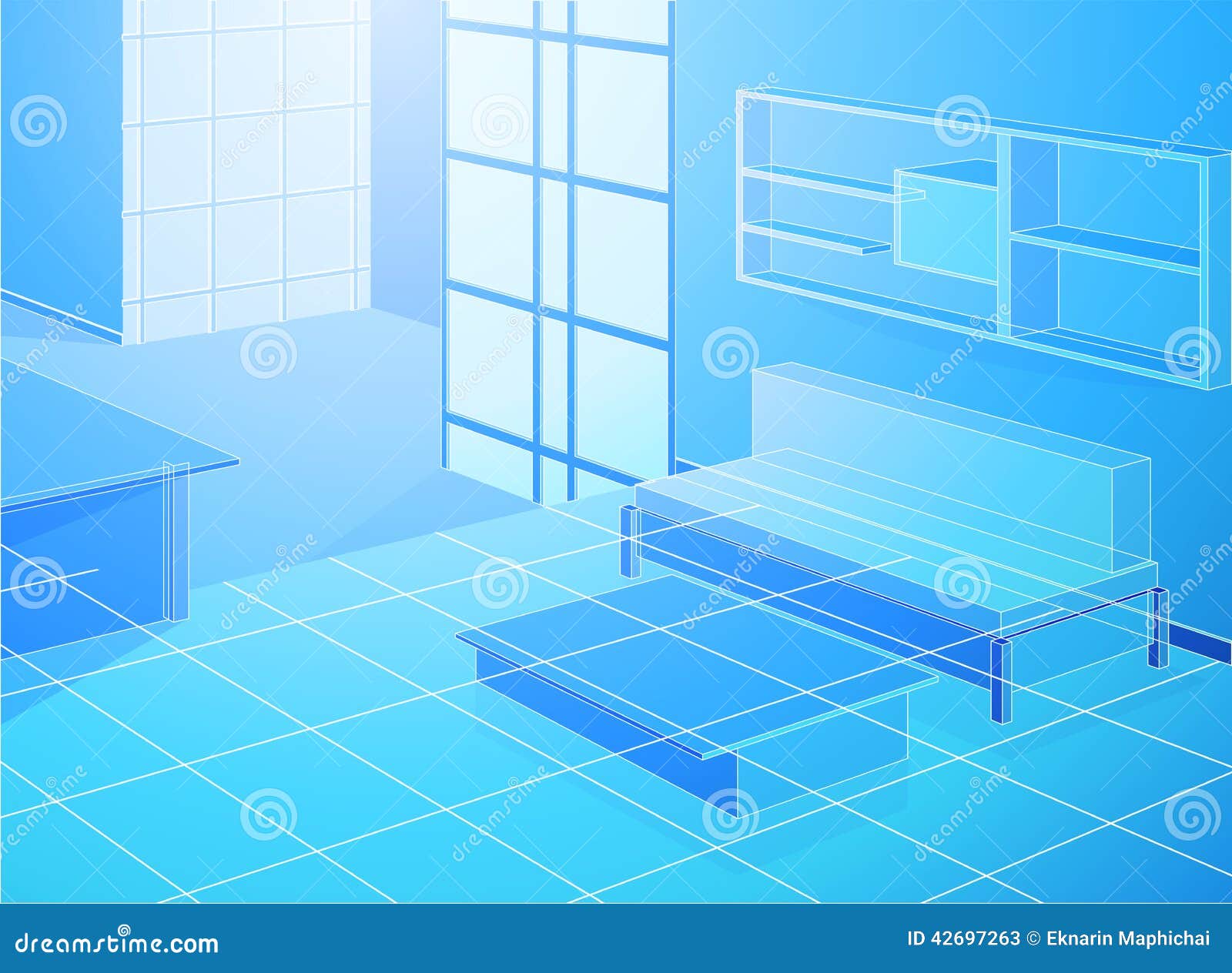 Wireframe blue living room stock illustration. Illustration of life ...