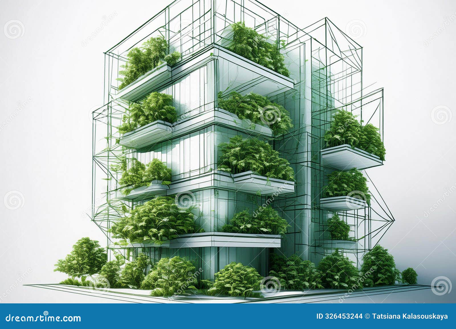 Wireframe of Building. Sketch Design with a Lot of Green Plants Stock ...