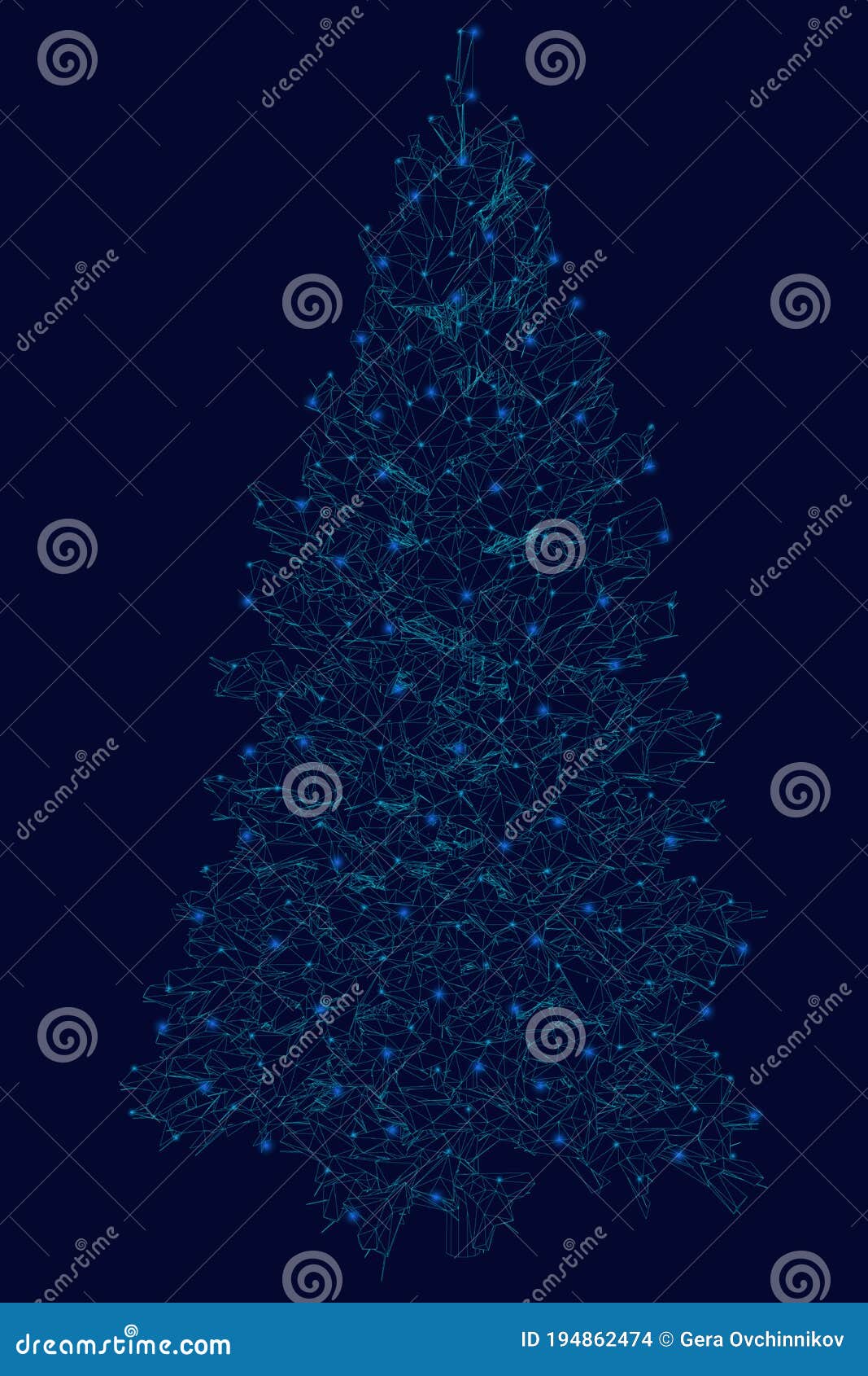 Wireframe of a Christmas Tree Made of Blue Lines with Glowing Lights on ...