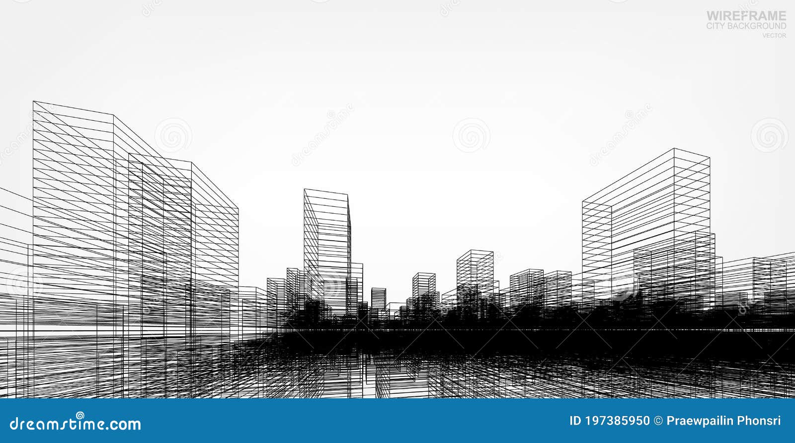 Wireframe City Background. Perspective 3D Render of Building Wireframe ...