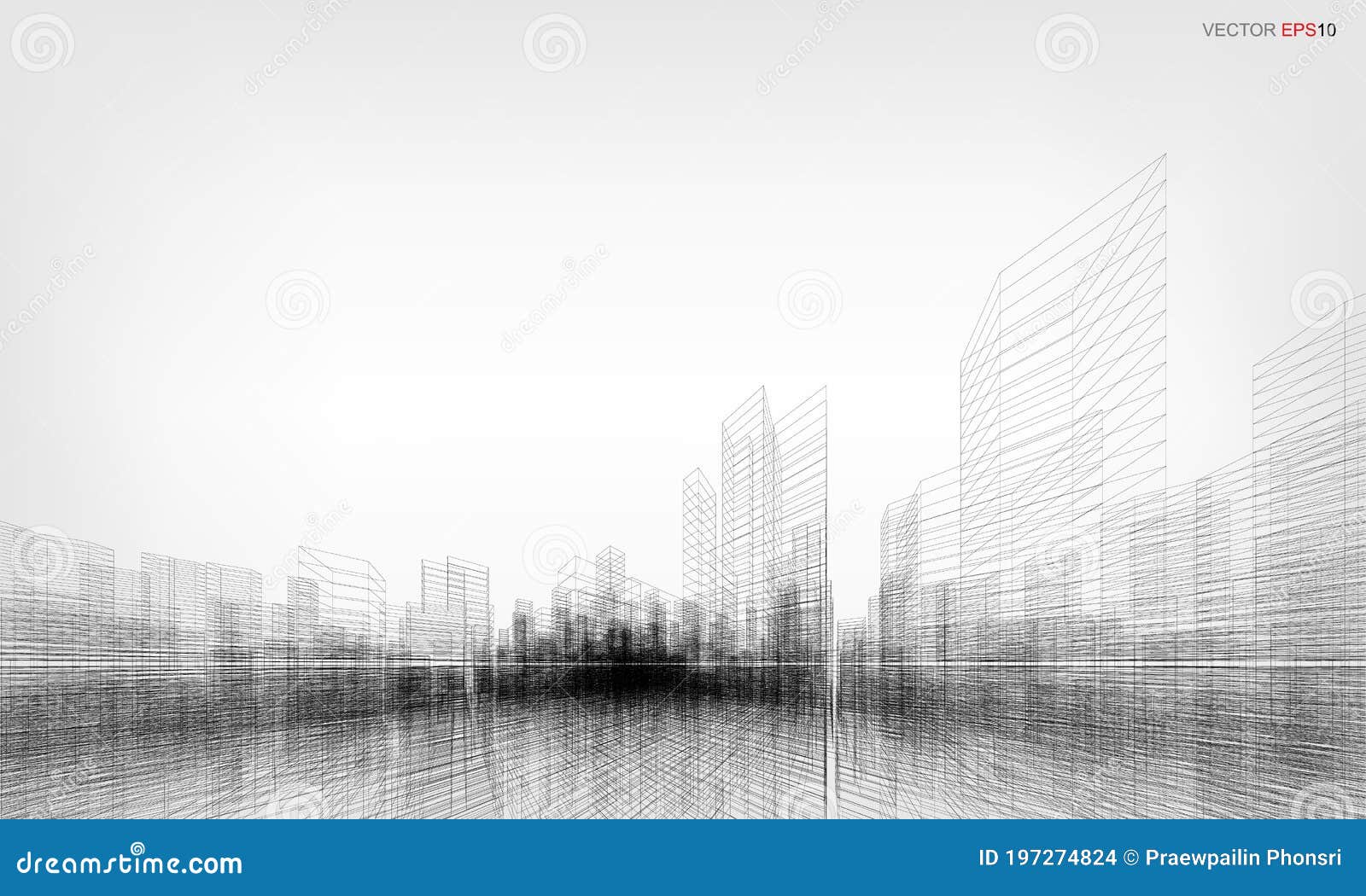Wireframe City Background. Perspective 3D Render of Building Wireframe ...