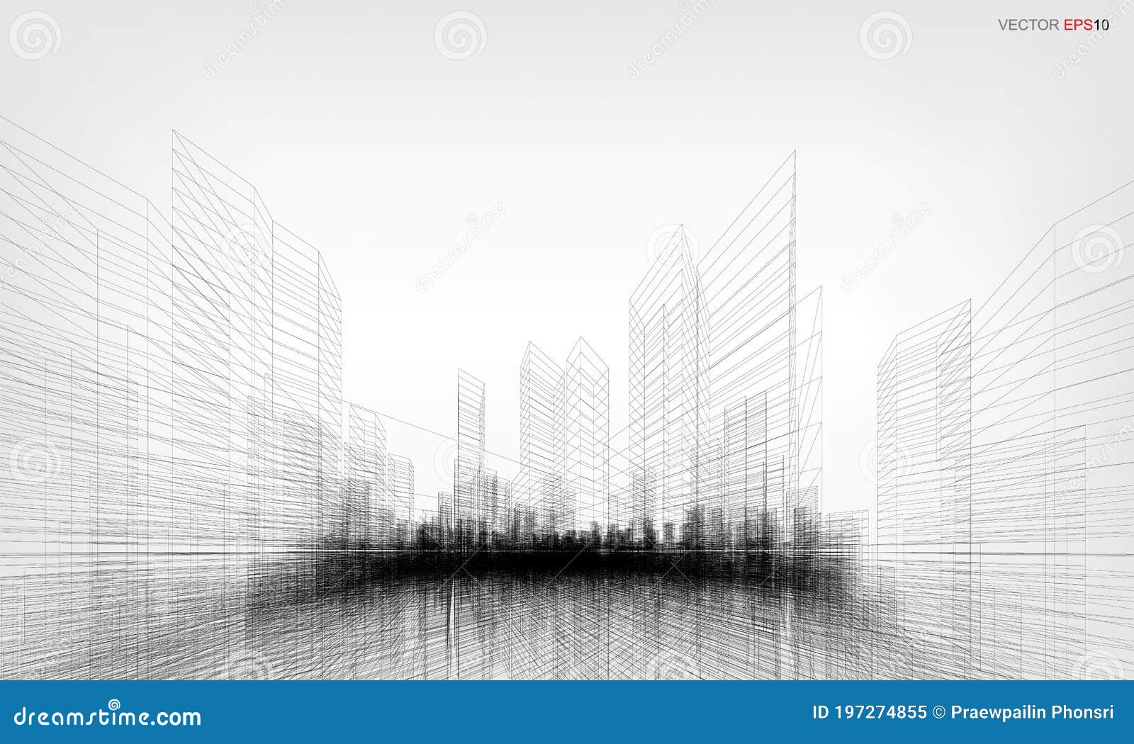 Wireframe City Background. Perspective 3D Render of Building Wireframe ...