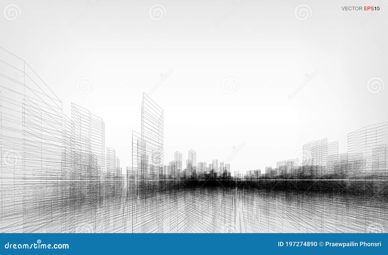 Wireframe City Background. Perspective 3D Render of Building Wireframe ...