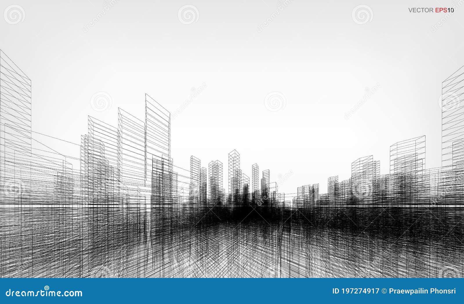Wireframe City Background. Perspective 3D Render of Building Wireframe ...