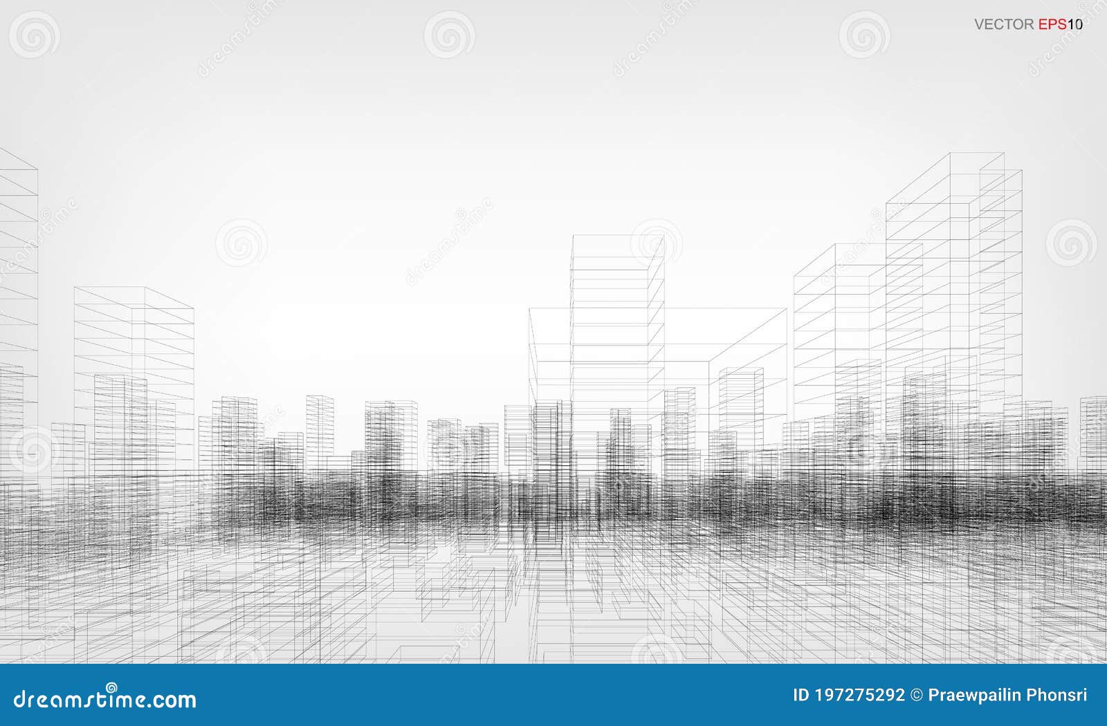 Wireframe City Background. Perspective 3D Render of Building Wireframe ...