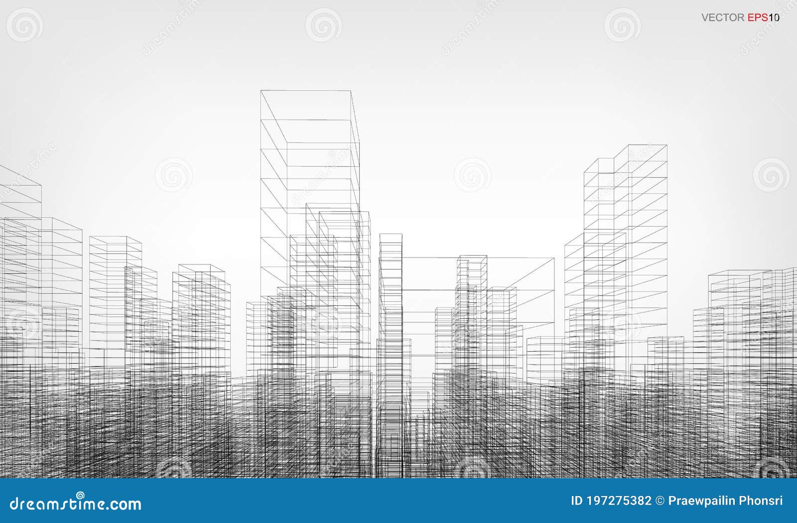 Wireframe City Background. Perspective 3D Render of Building Wireframe ...