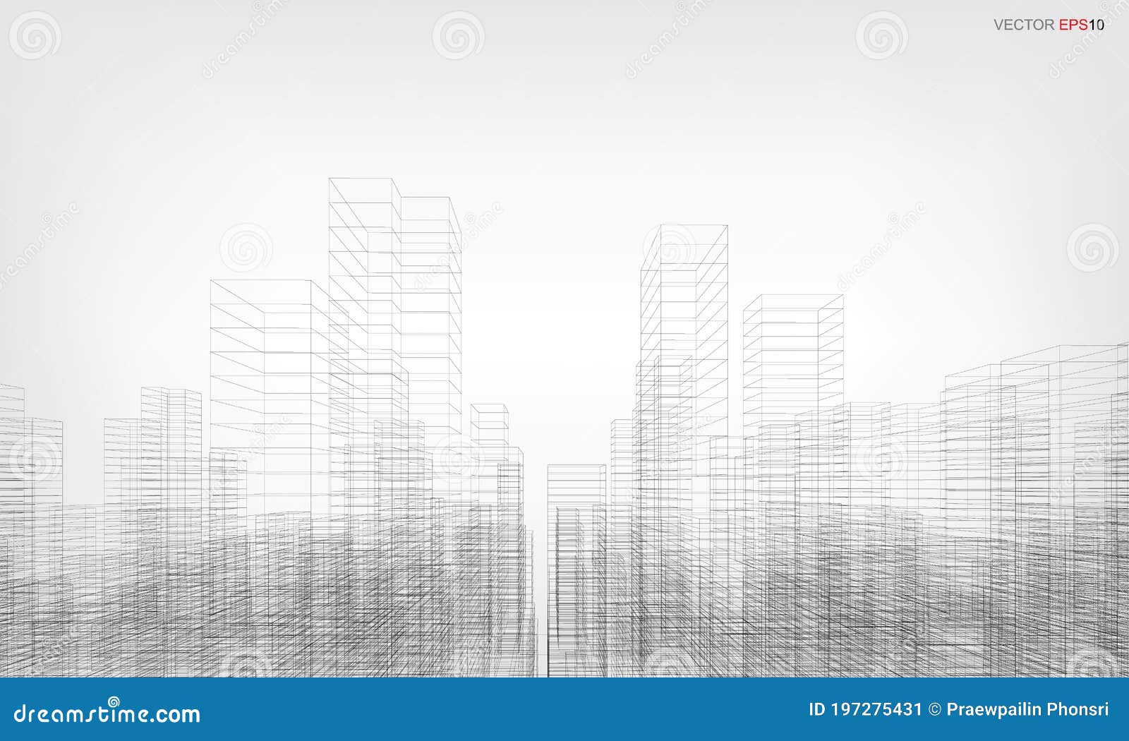 Wireframe City Background. Perspective 3D Render of Building Wireframe ...
