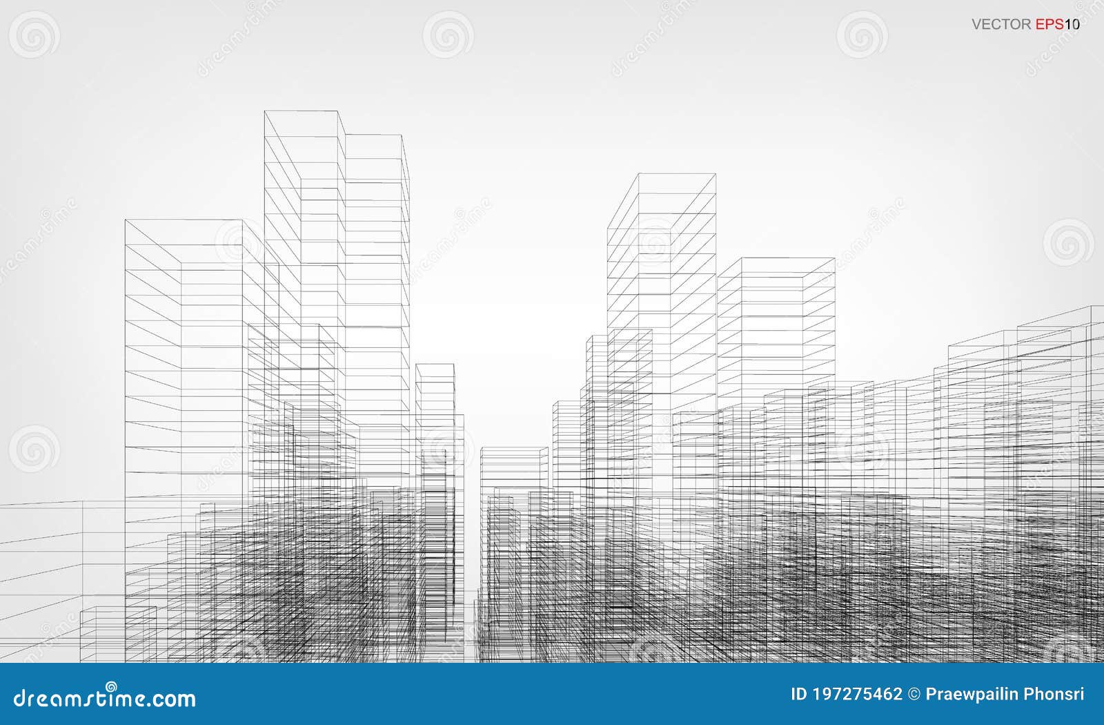 Wireframe City Background. Perspective 3D Render of Building Wireframe ...