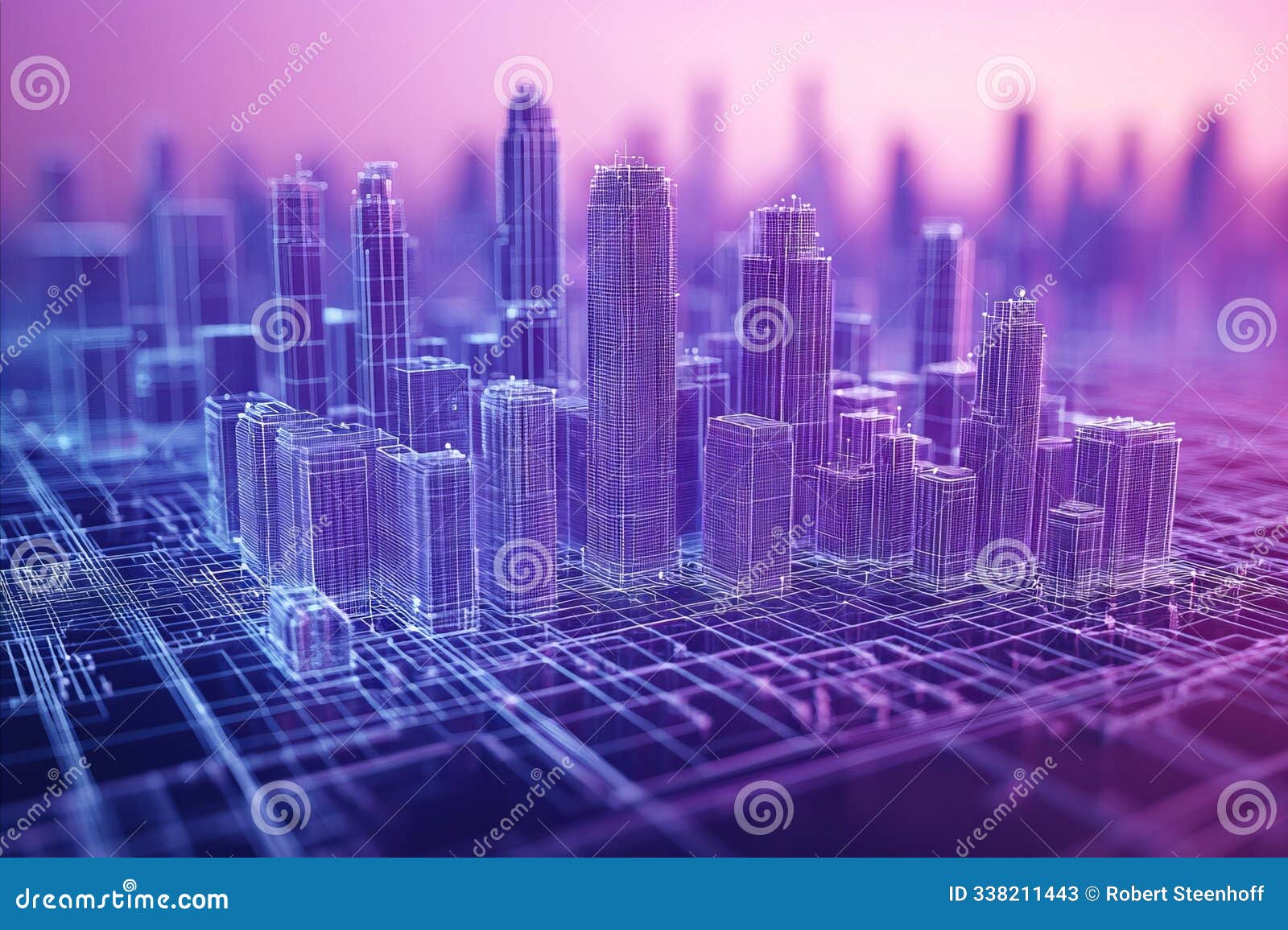 A Wireframe City Skyline in Shades of Purple and Blue. Stock Image ...