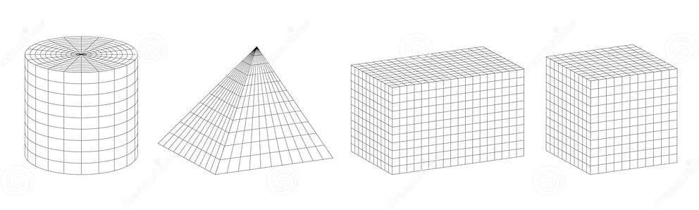 Wireframe 3d Line Mesh of Geometric Shape Cylinder, Pyramid ...