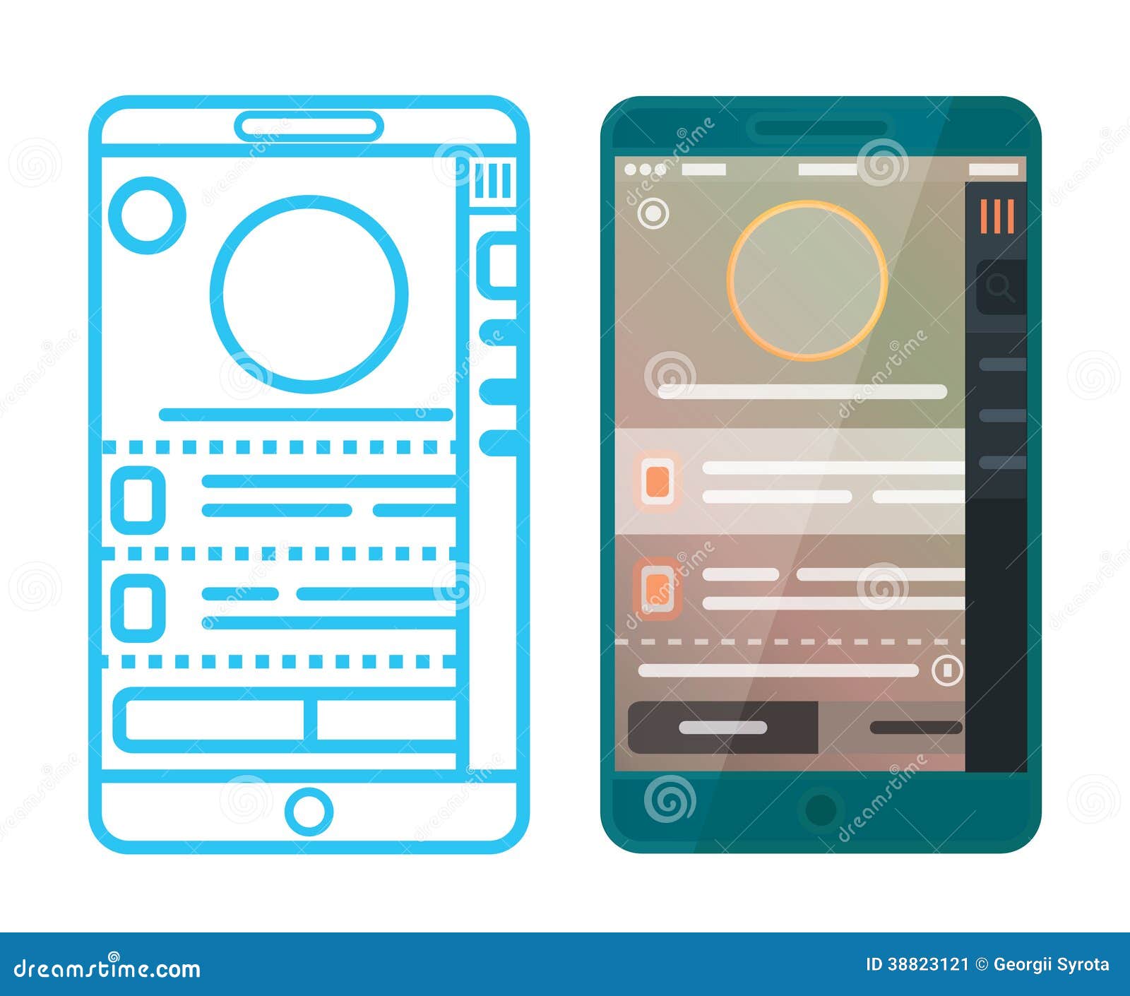 Wireframe and designed app stock vector. Illustration of palette - 38823121
