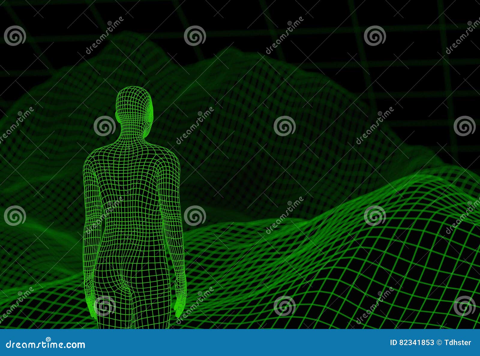 Wireframe Digital Man on Green Landscape. 3d Illustration Stock ...
