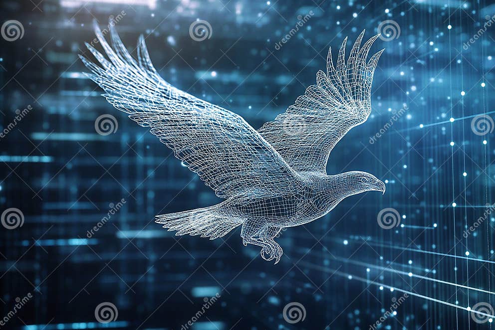 Wireframe Eagle Soaring through a Digital Matrix Stock Illustration ...