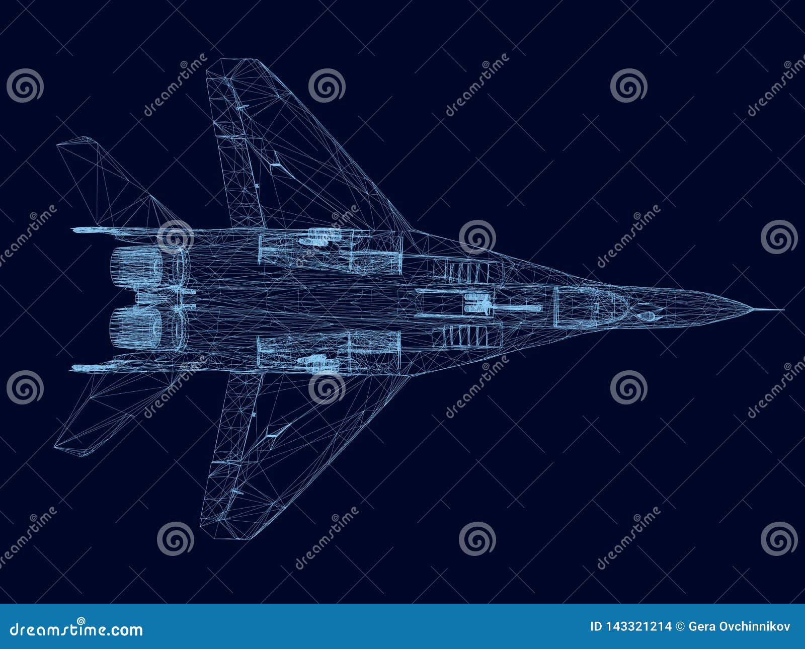 Wireframe of a Fighter of Blue Lines on a Dark Background. View from ...