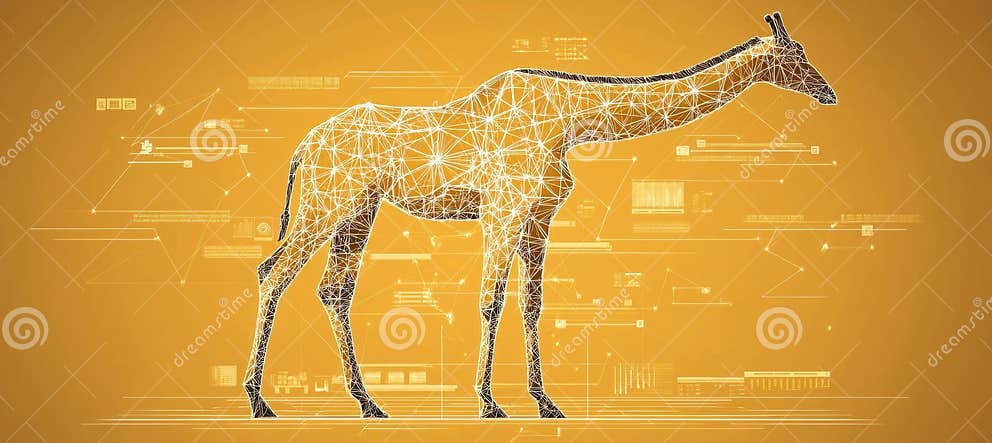 Wireframe Giraffe on Yellow Background with Data Charts. AI, Genetic ...