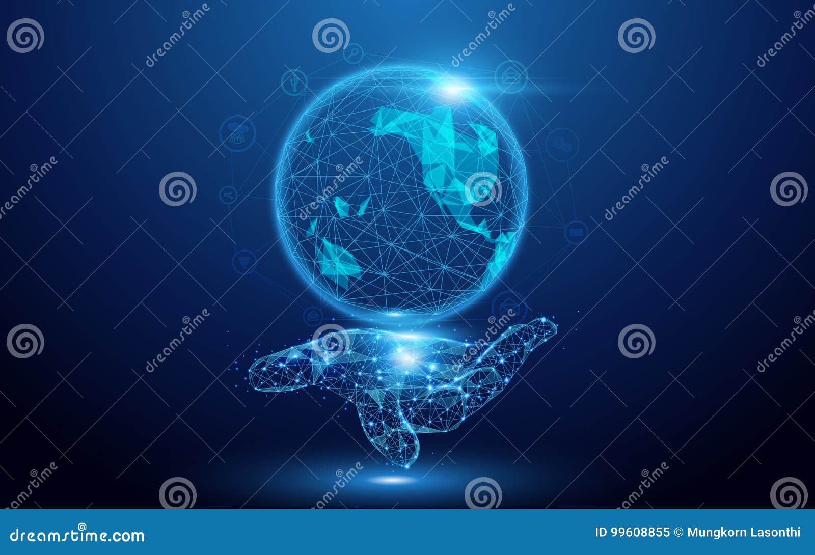 Wireframe a Globe Map with Social Icons on Hand Sign Mesh from a Starry ...