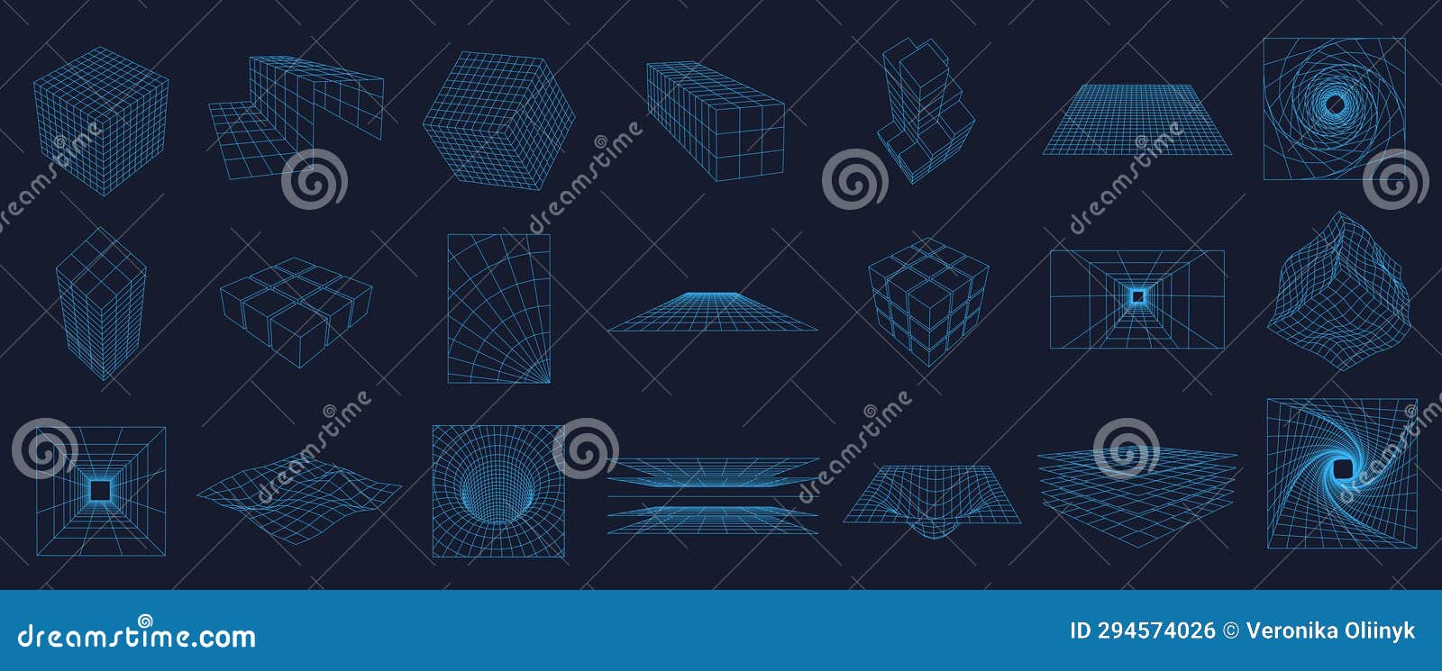 Wireframe Grid Elements. 3D Mesh Structures, Cyber Geometric Plane and ...
