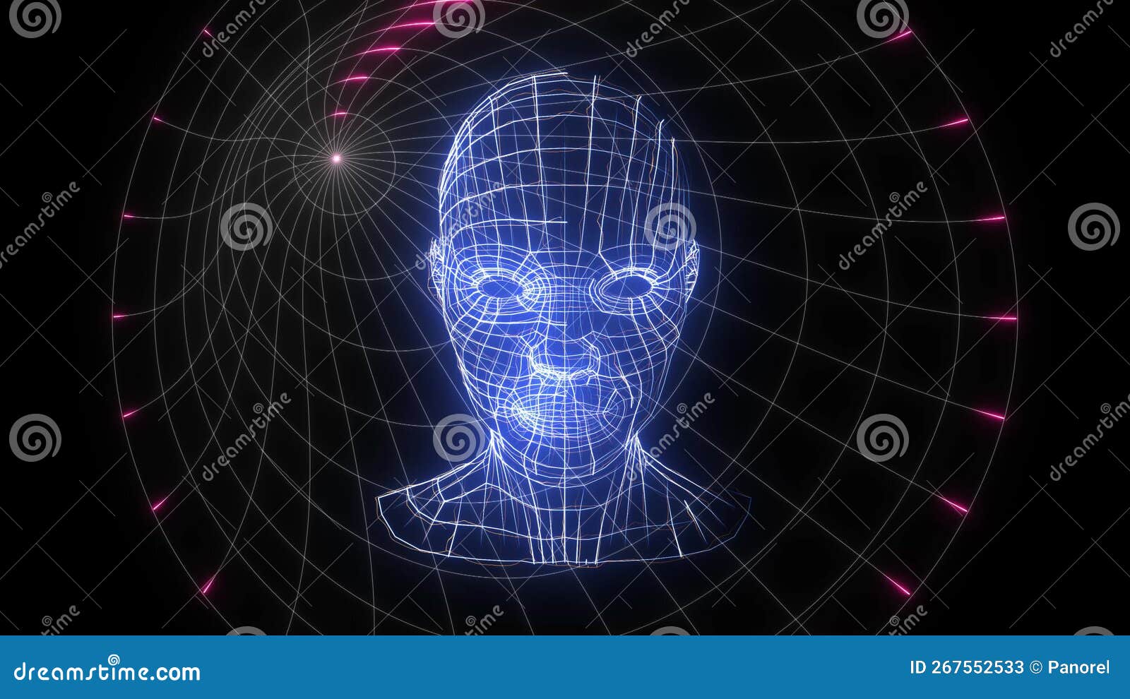A Wireframe Head with Animated Grid with Running Neon Lights. Stock ...